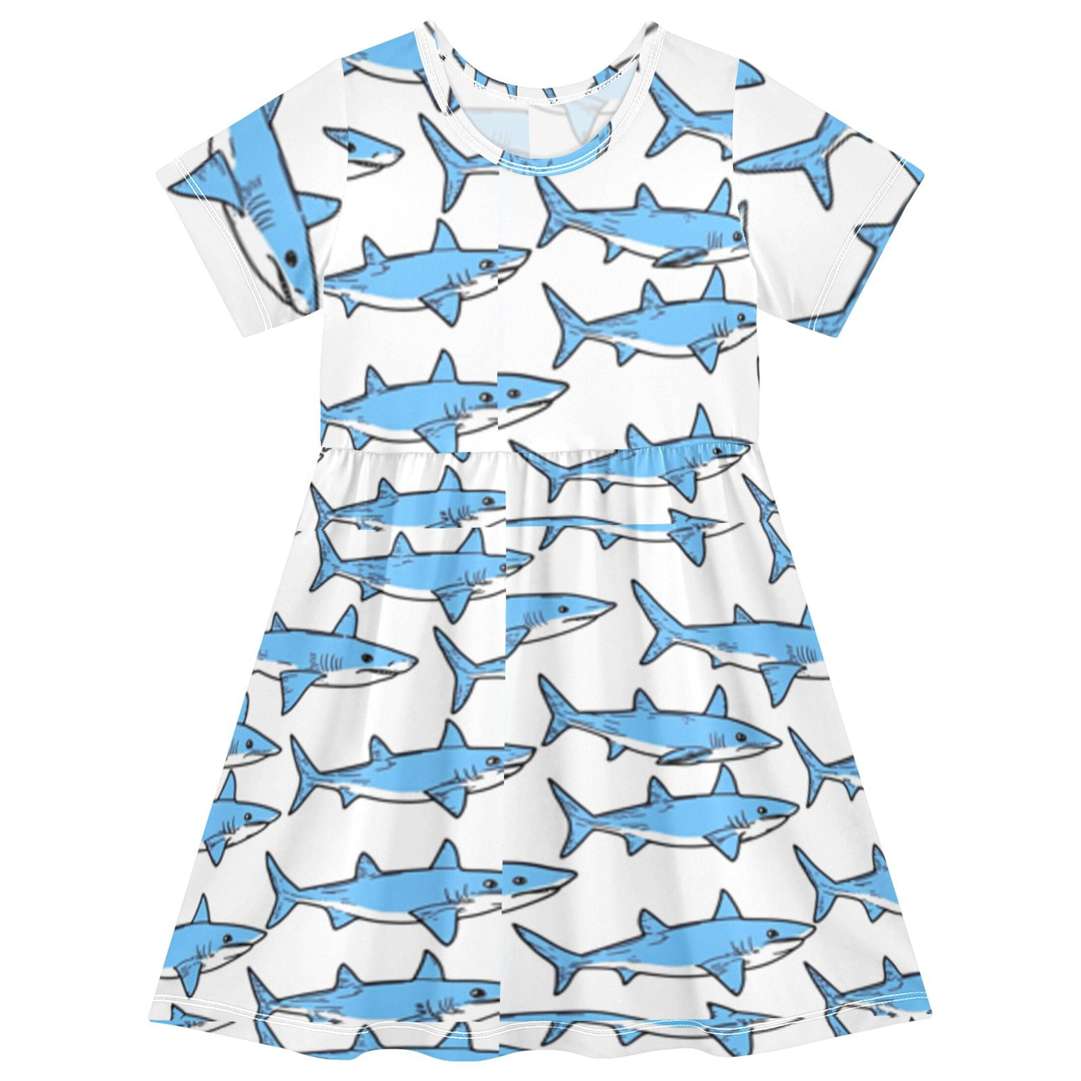 Cartoon Shark Design Short Sleeve Dress A-Line Cute Midi Casual ...