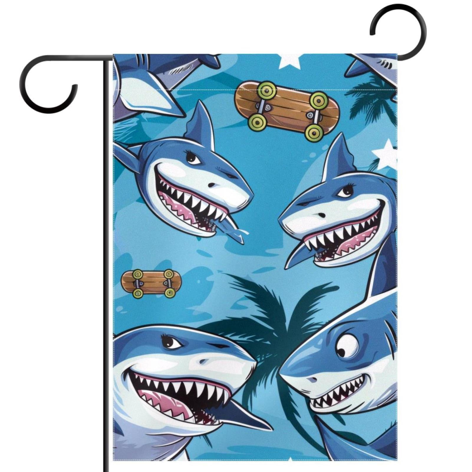 Cartoon Shark with Skateboarding and Palm Tree Welcome Garden Flags, 12 ...