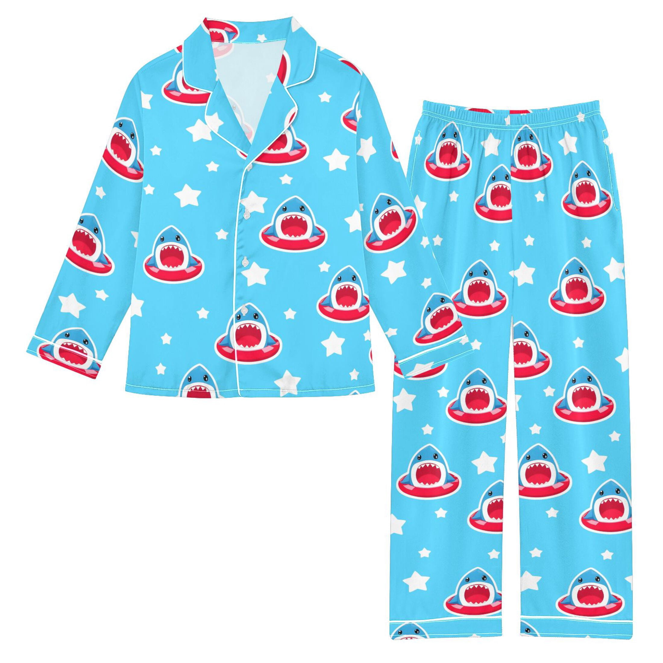 Cartoon Shark Star Pattern Satin Pajama Set Soft Breathable Button Down ...