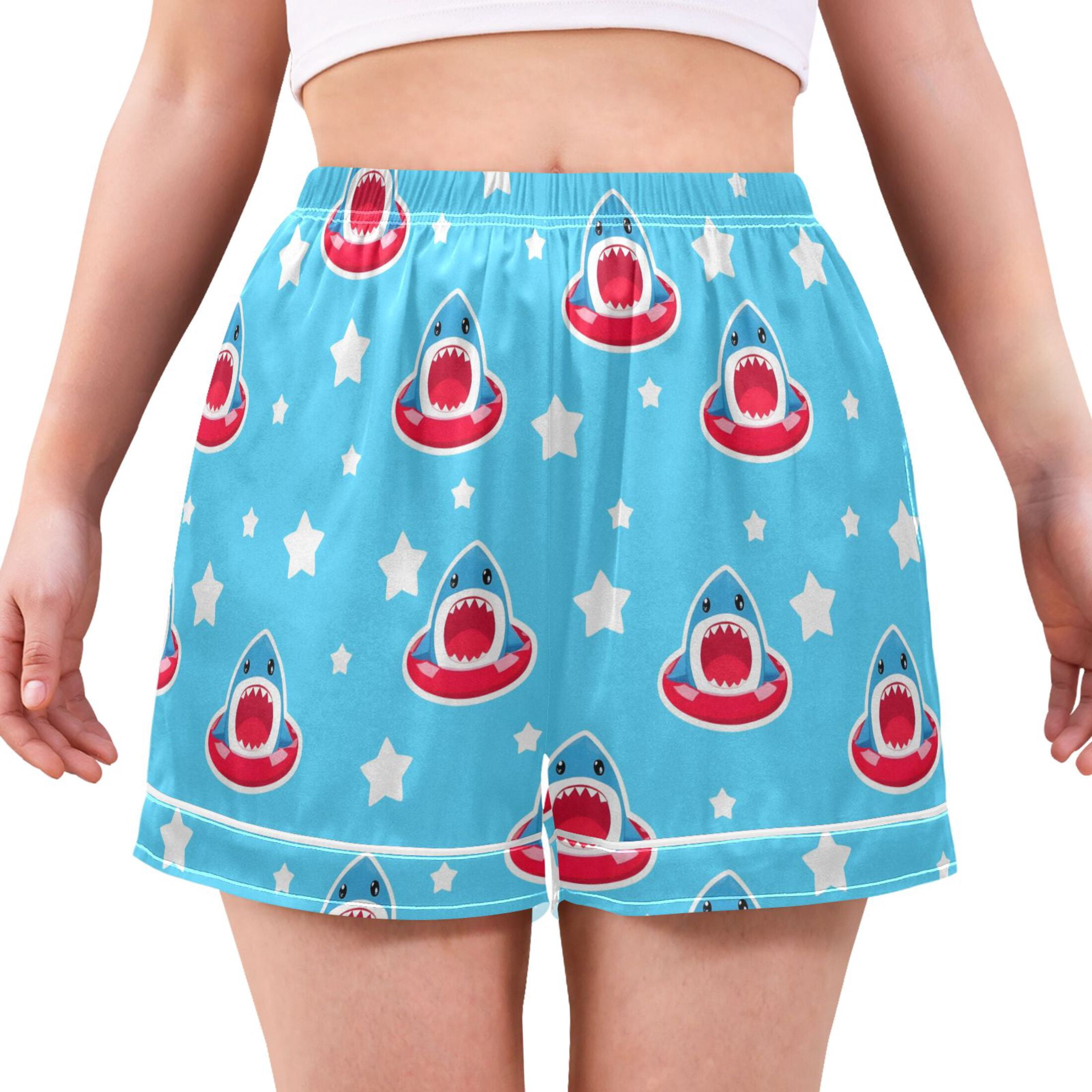 Cartoon Shark Star Pattern Women's Pajama Shorts Silky Satin Casual ...