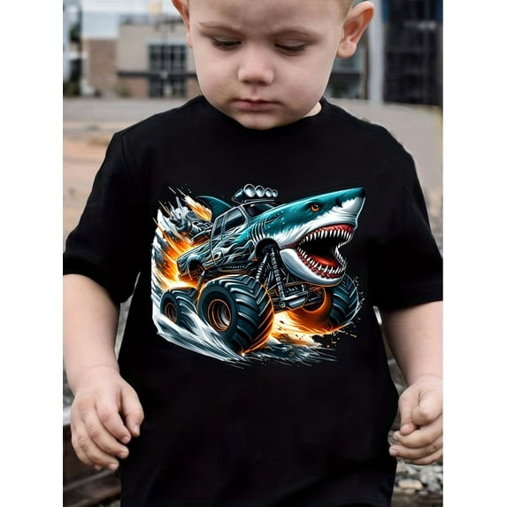 Cartoon Shark Truck Graphic Print Tee, Boys' Casual & Crew Neck Short ...