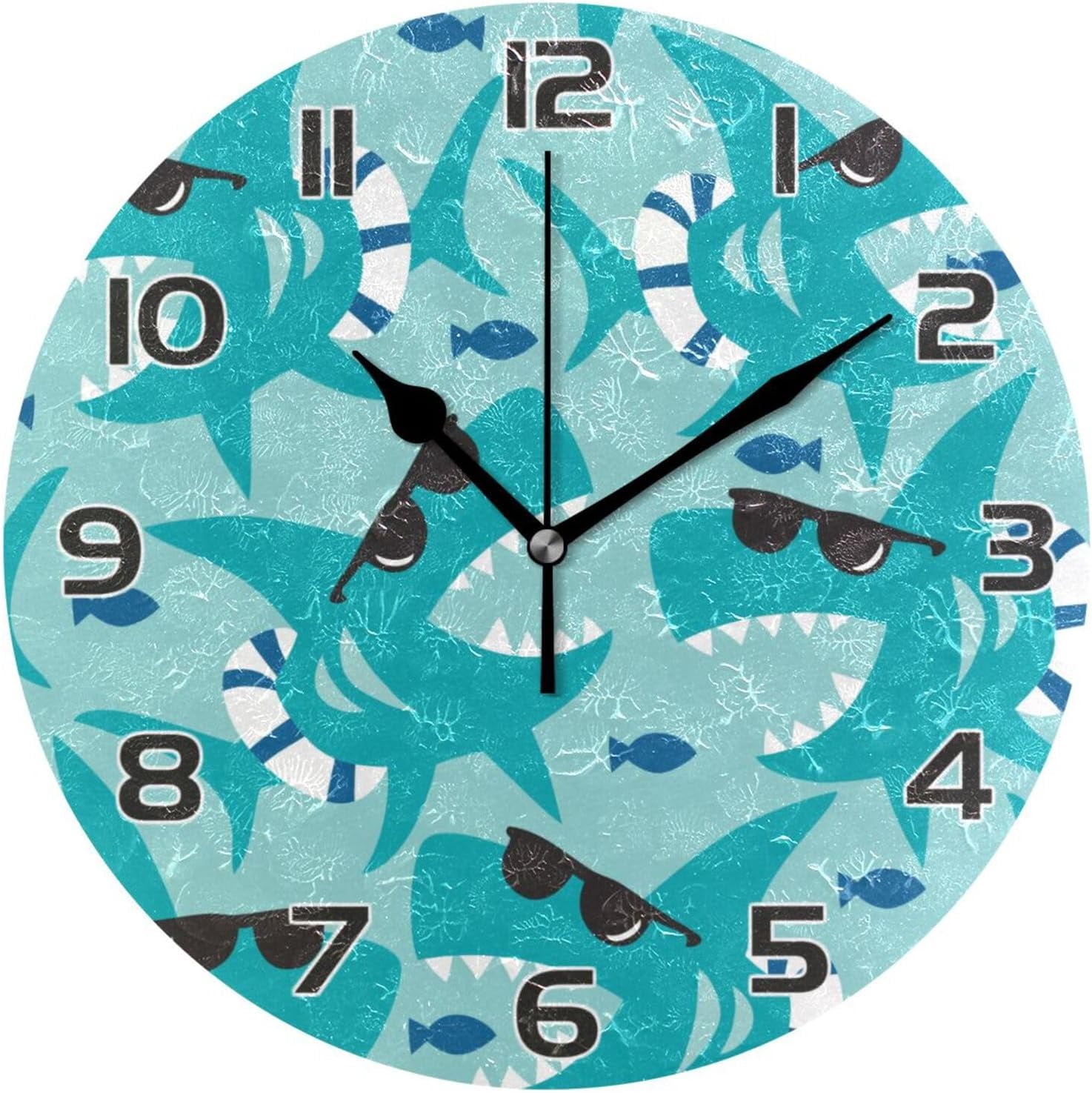 Cartoon Shark Wall Clock Round Vintage Silent Non Ticking Battery ...