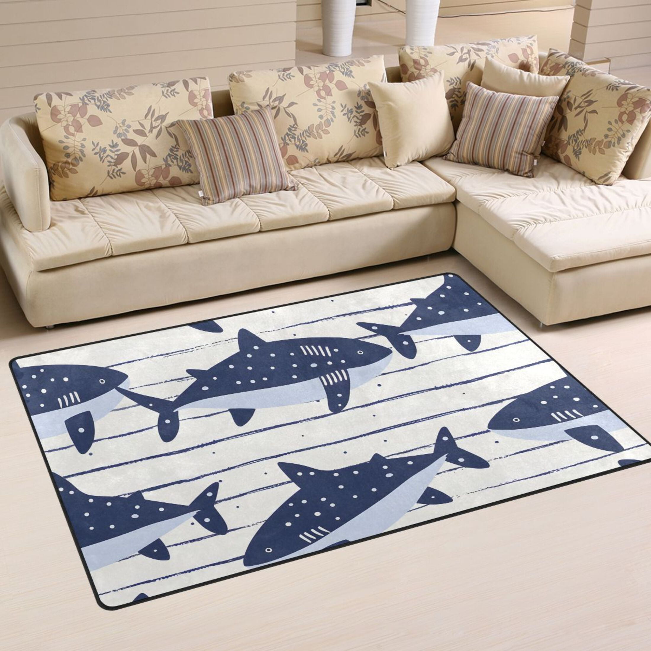 Cartoon Shark on Strips Area Floor Mats Non-Slip Rugs Soft Doormat 31 x ...
