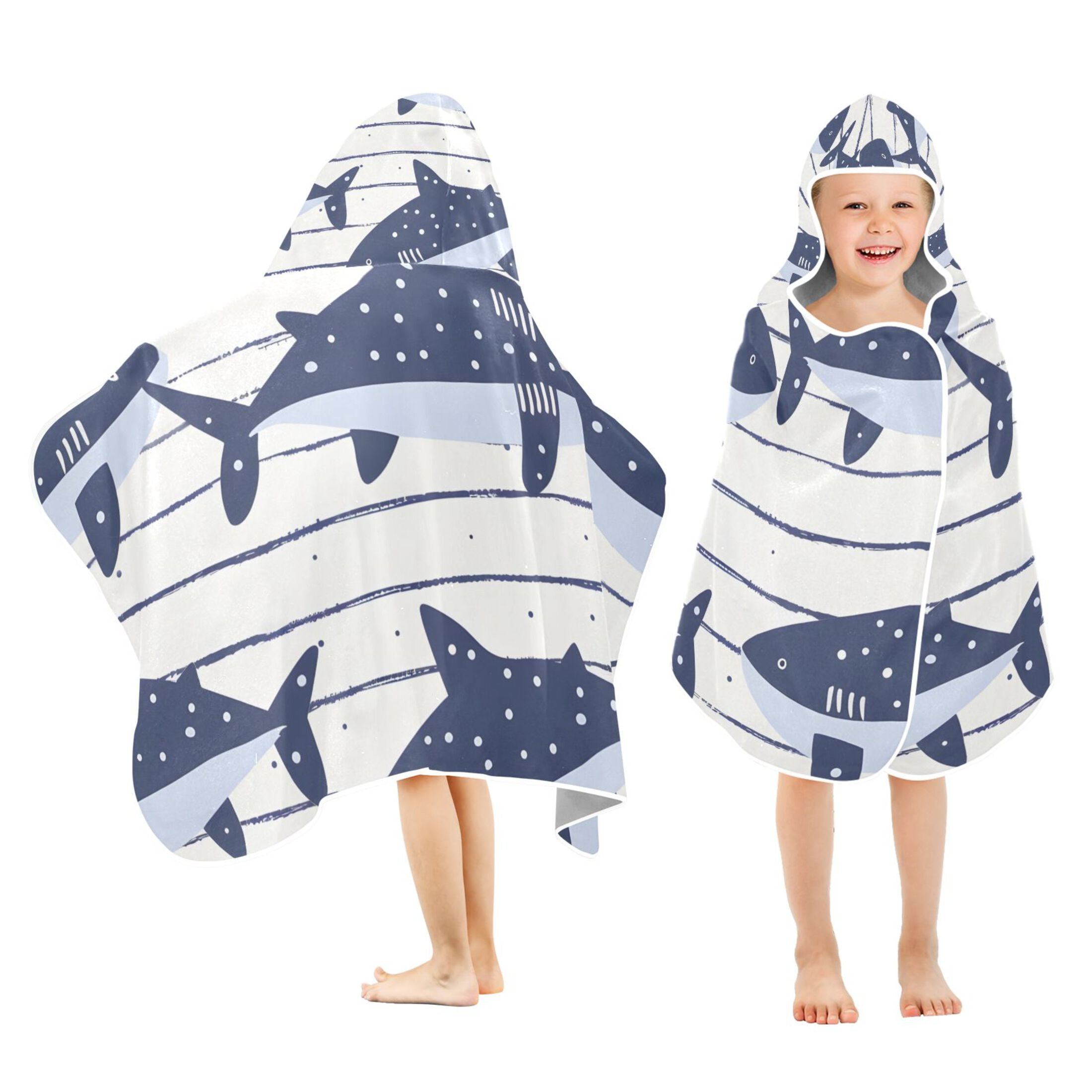 Cartoon Shark on Strips Kids Hooded Beach Towel Baby Bath Poncho Towels ...