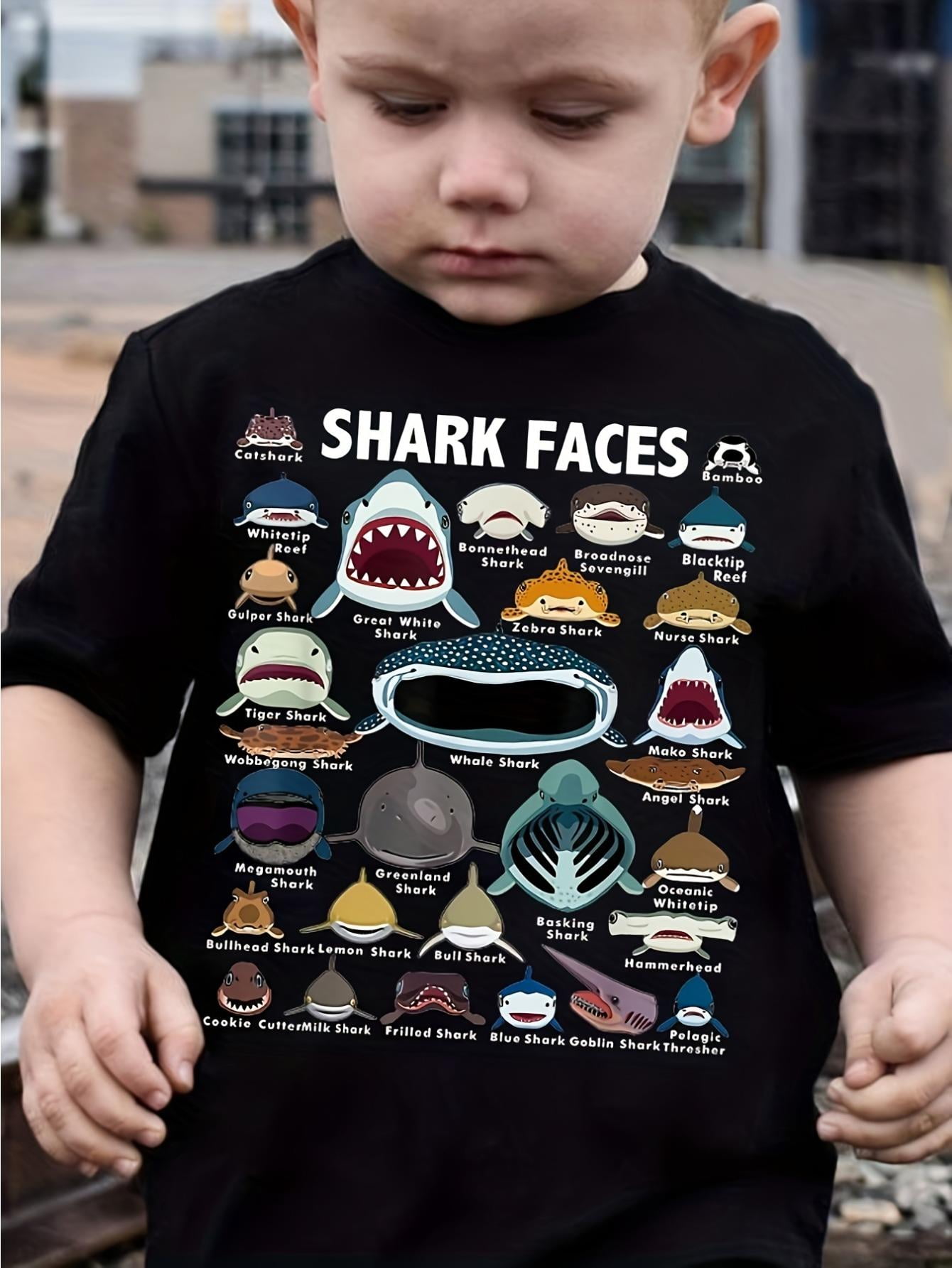 Cartoon Sharks Graphic Print Tee, Boys' Casual & Trendy Crew Neck Short ...