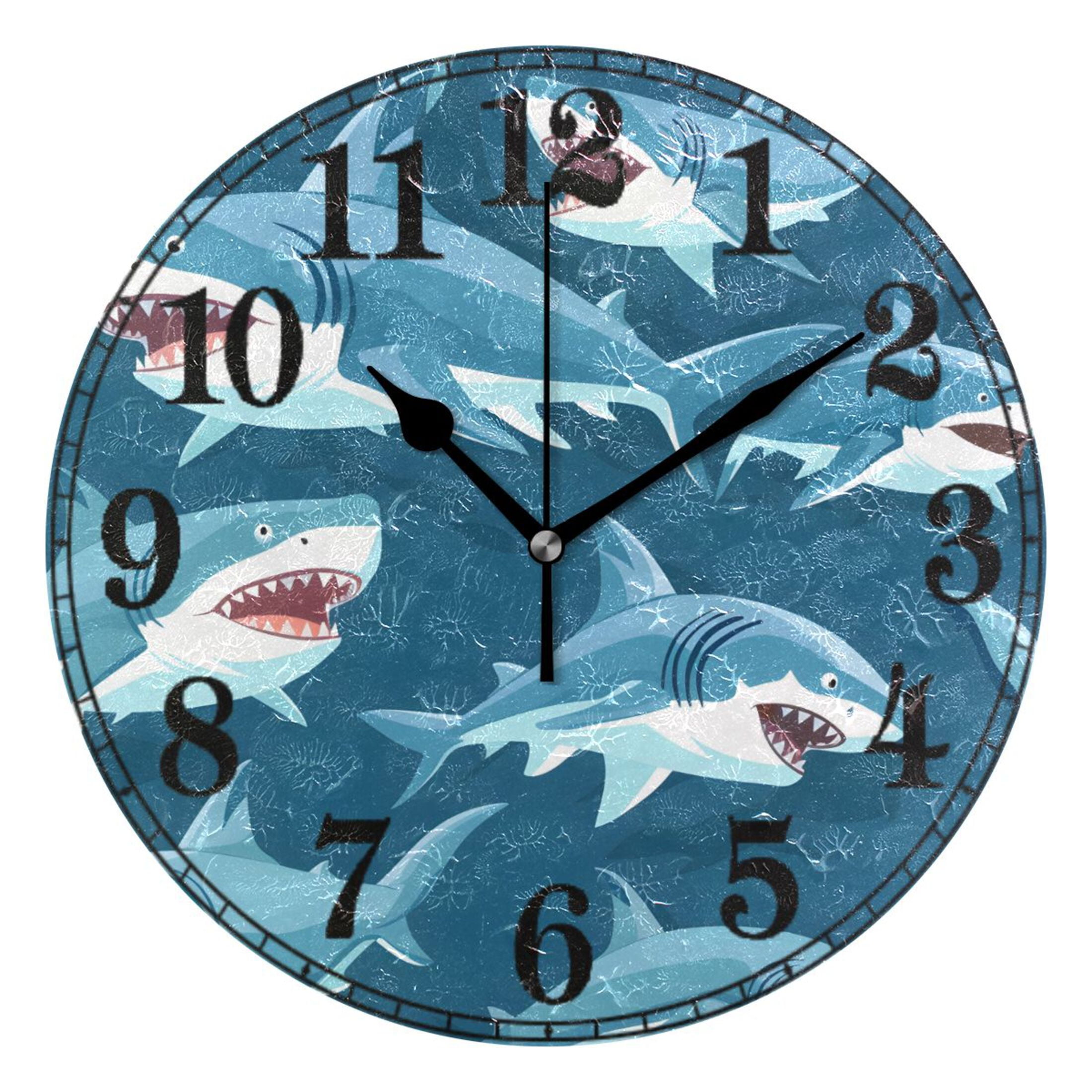 Cartoon Sharks Silent Wall Clock 10" Non-Ticking Battery Clock ...