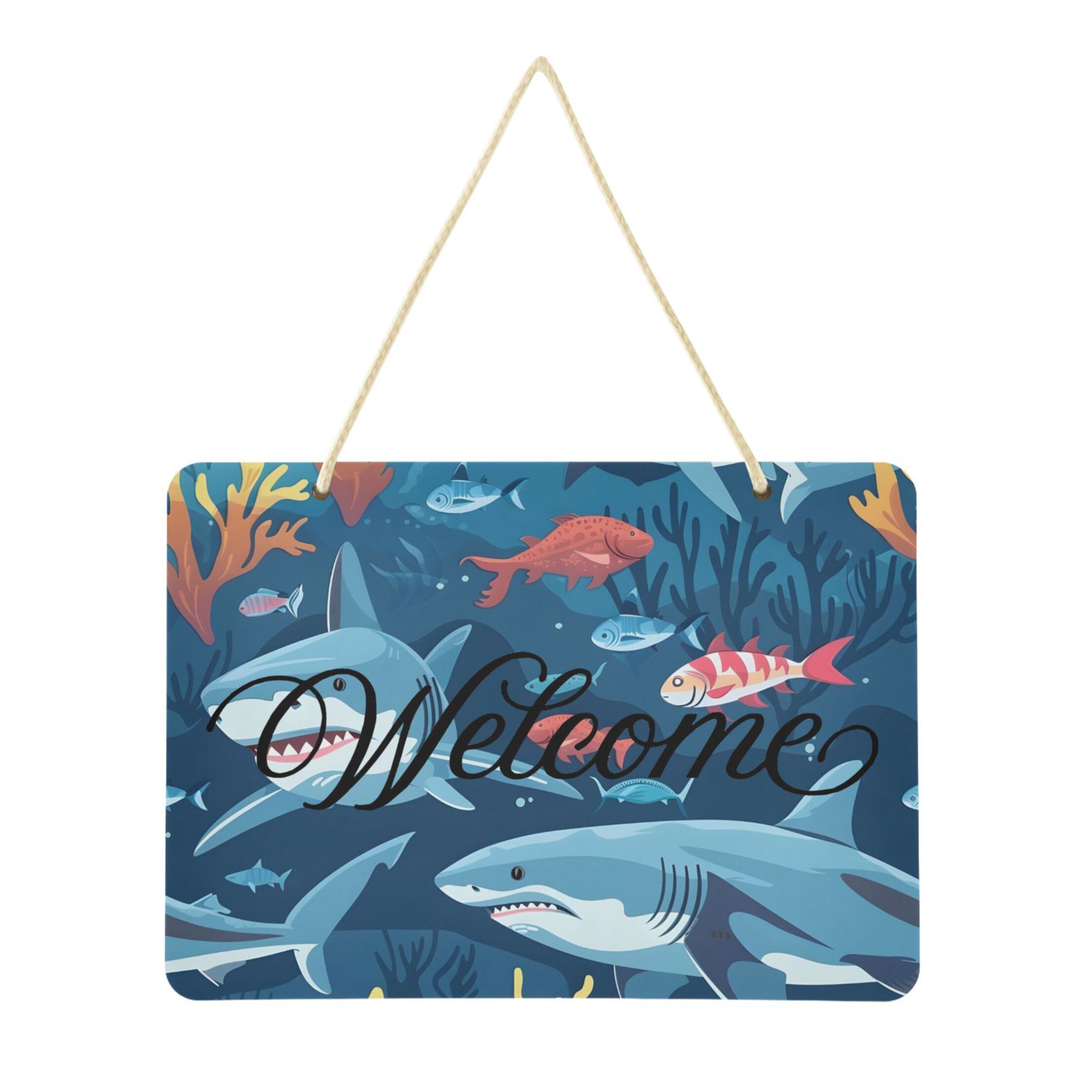 Cartoon Sharks Underwater Welcome Sign Front Door PVC 14x10 inch Hanger ...