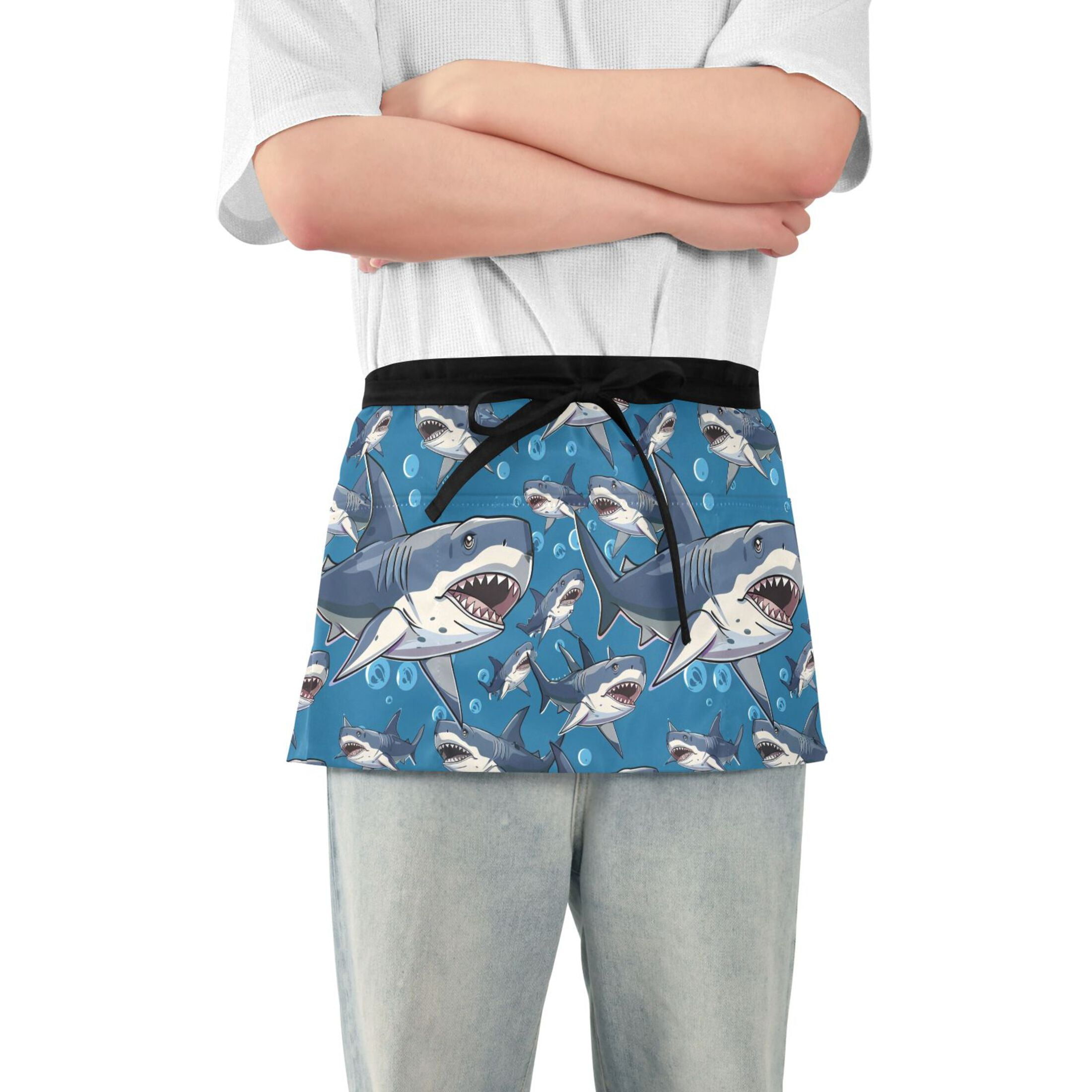 Cartoon Sharks in Sea Server Apron with 3 Pockets Waterproof Waitress ...