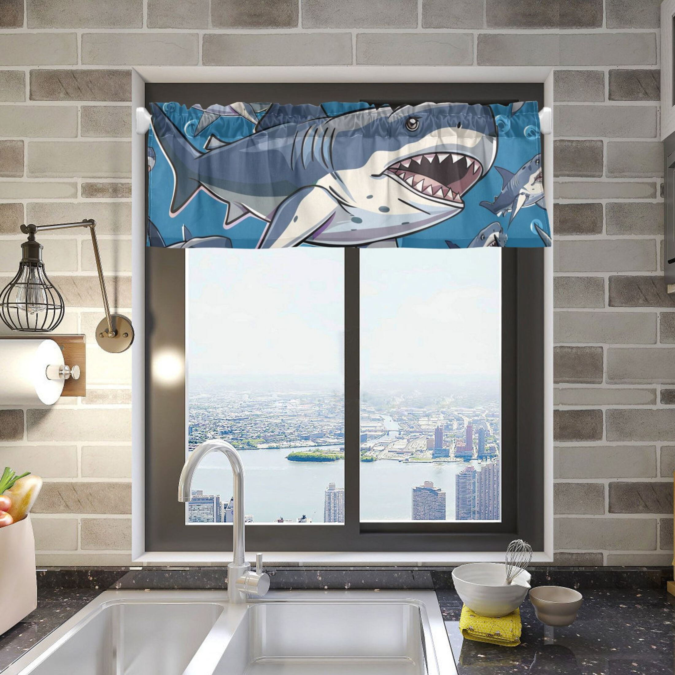 Cartoon Sharks in Sea Valance Curtains 54"x18" Rod Pocket for Kitchen ...
