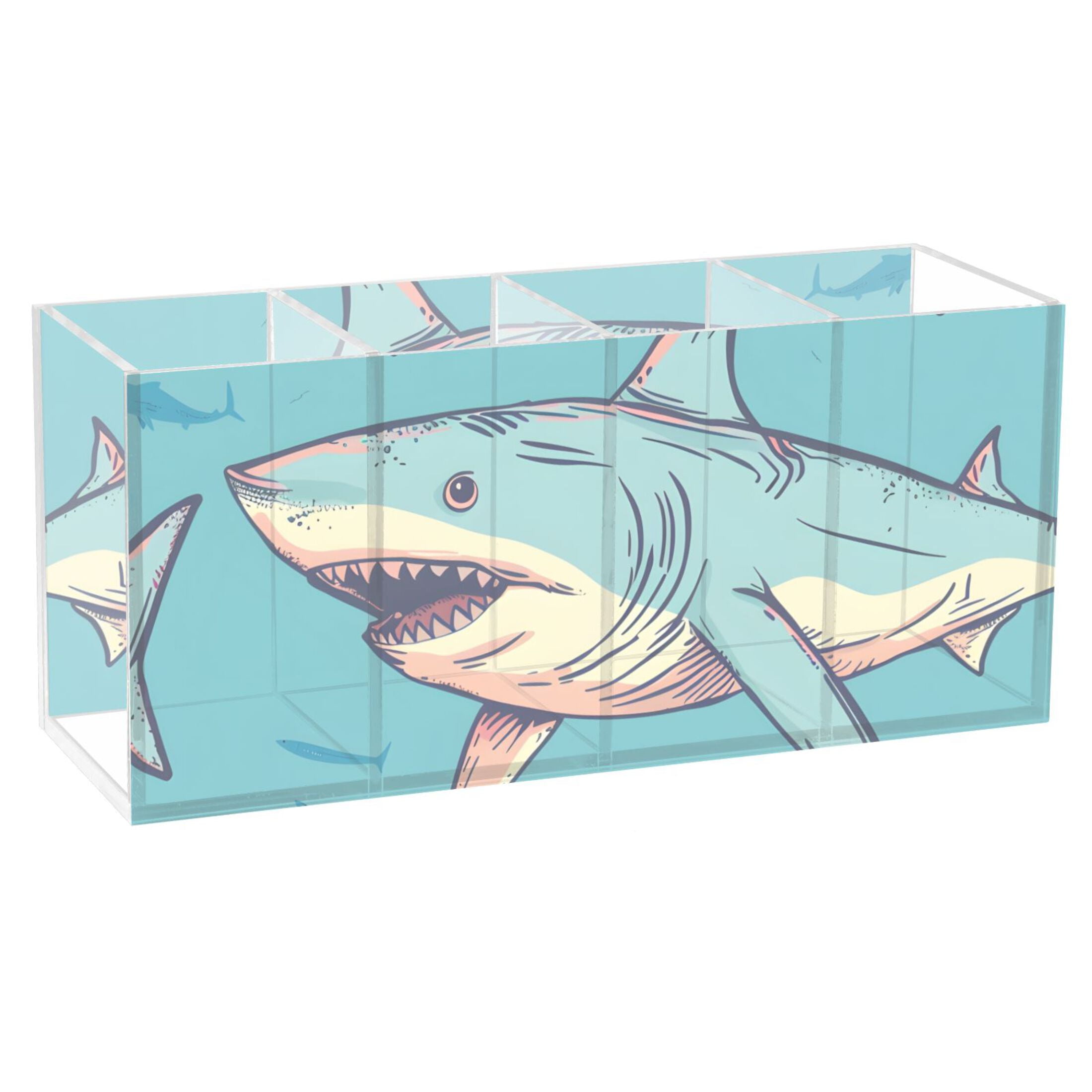Cartoon Sharks with Fish Shadow Acrylic Pen Holder 4 Compartments Clear ...