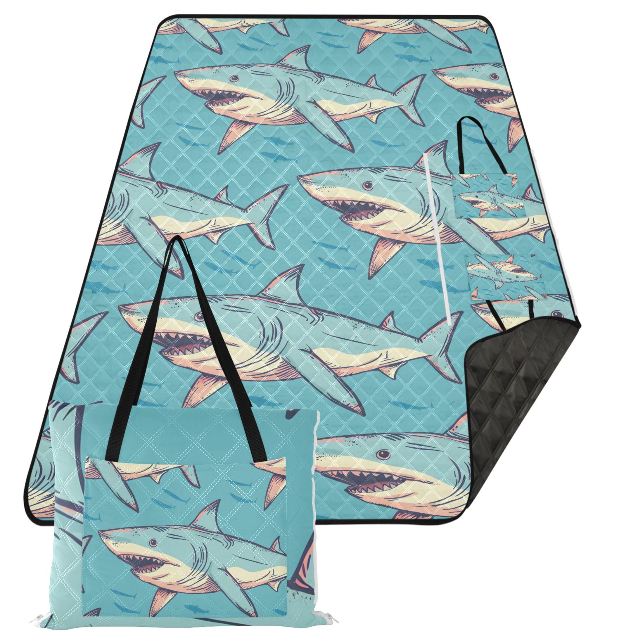 Cartoon Sharks with Fish Shadow Extra Large Picnic Beach Blanket ...
