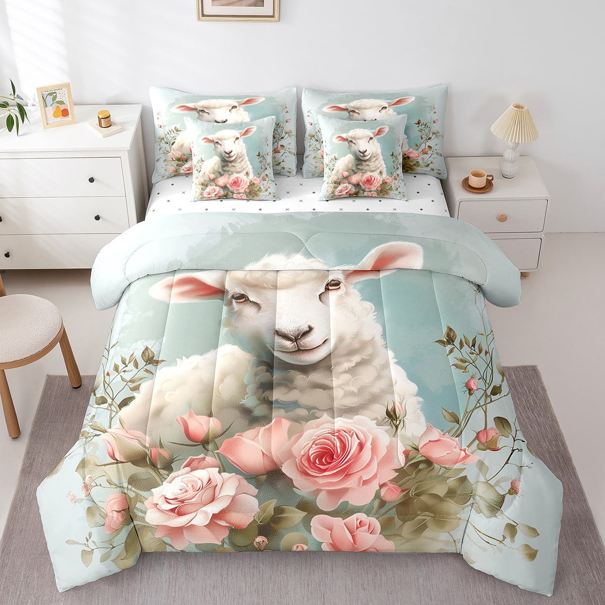 Cartoon Sheep Bed in a Bag 7-Piece Cute Farm Animal Bedding Set for ...
