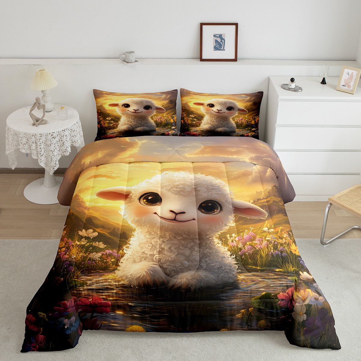 Cartoon Sheep Comforter Set Full Size,Daisy Flowers Mountain River ...
