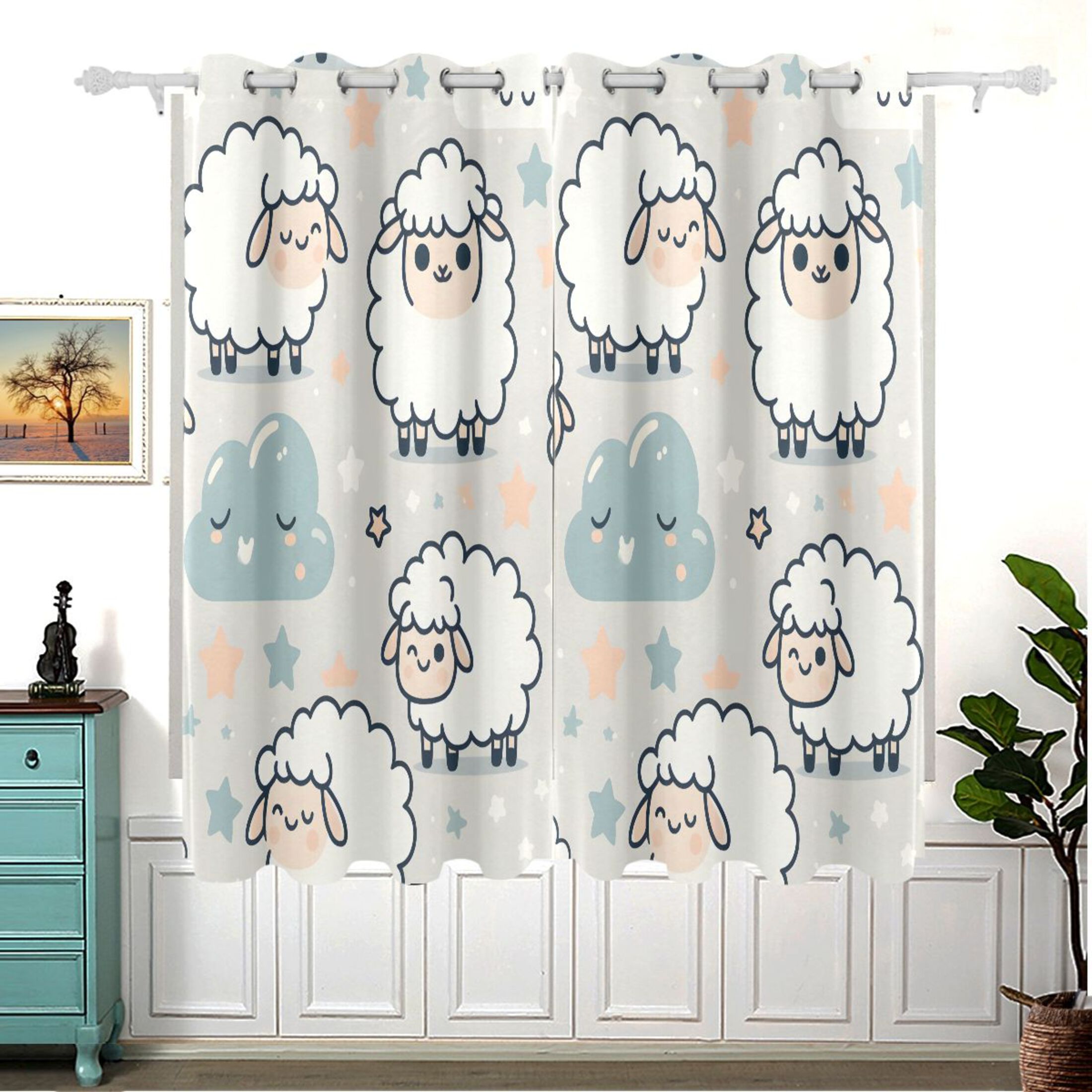 Cartoon Sheep and Cloud Blackout Curtains for Bedroom 63x55 in 2 Panels ...