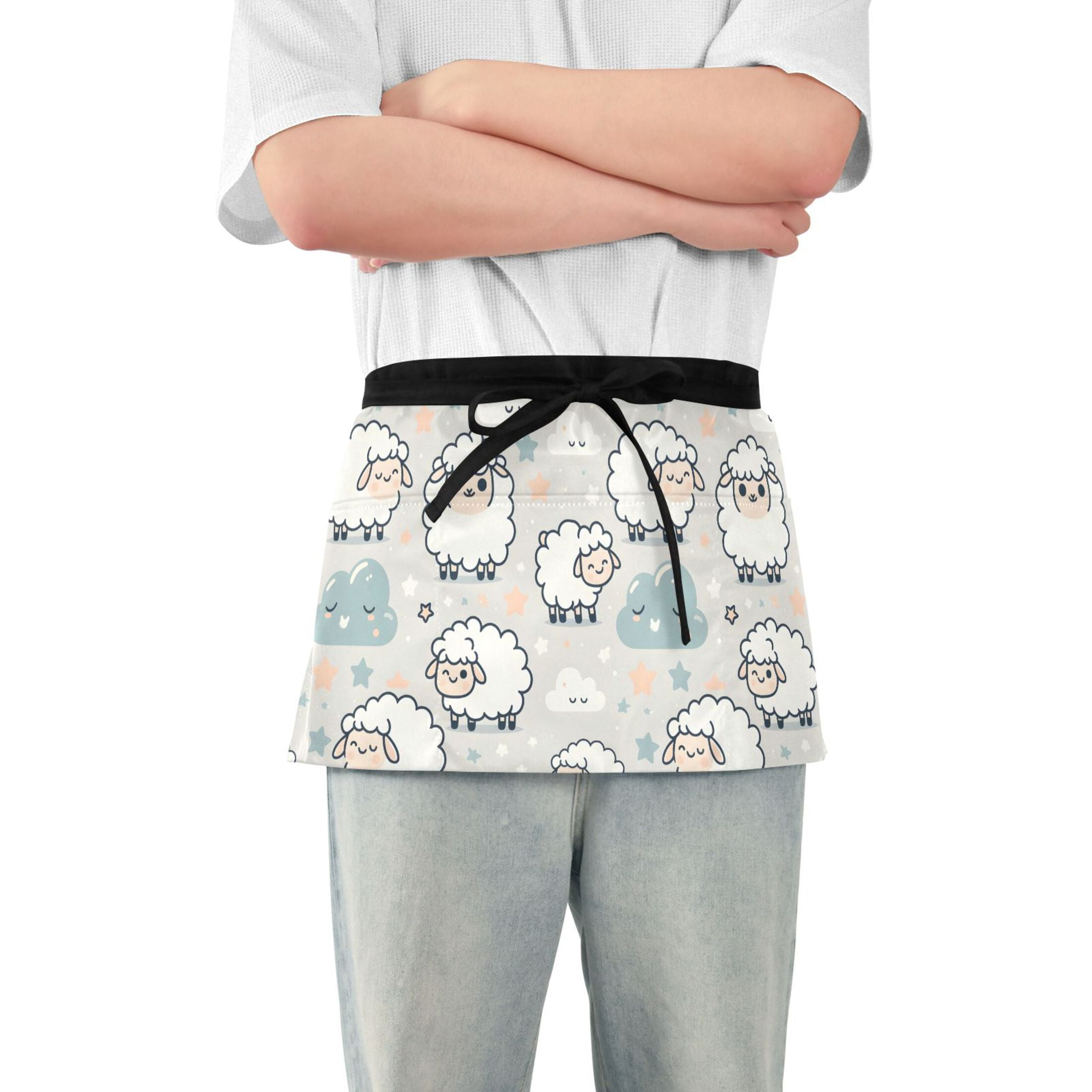 Cartoon Sheep and Cloud Server Apron with 3 Pockets Waterproof Waitress ...