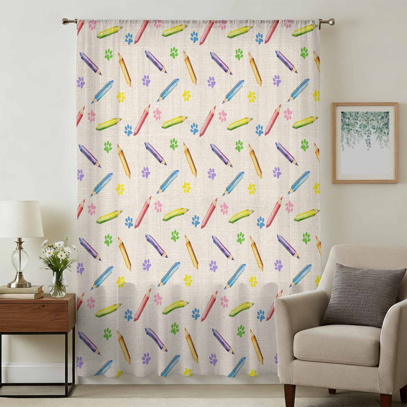 Cartoon Sheer Curtains 45 Inches Long, Cute Colorful Pencil Paw Print ...