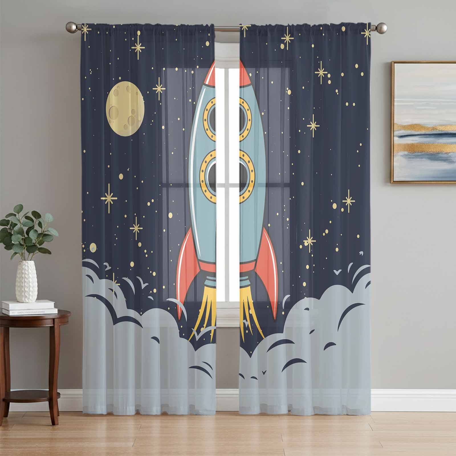 Cartoon Sheer Curtains 72 Inch Length 2 Panels Set, Moon Stars Modern ...