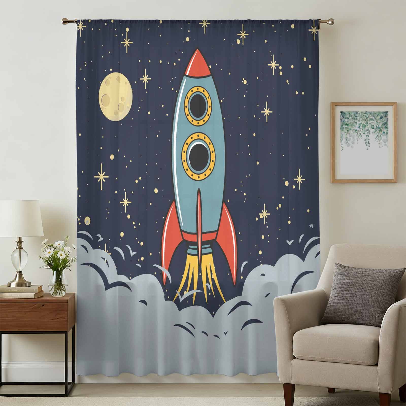 Cartoon Sheer Curtains 84 Inches Long, Moon Stars Modern Art Light ...