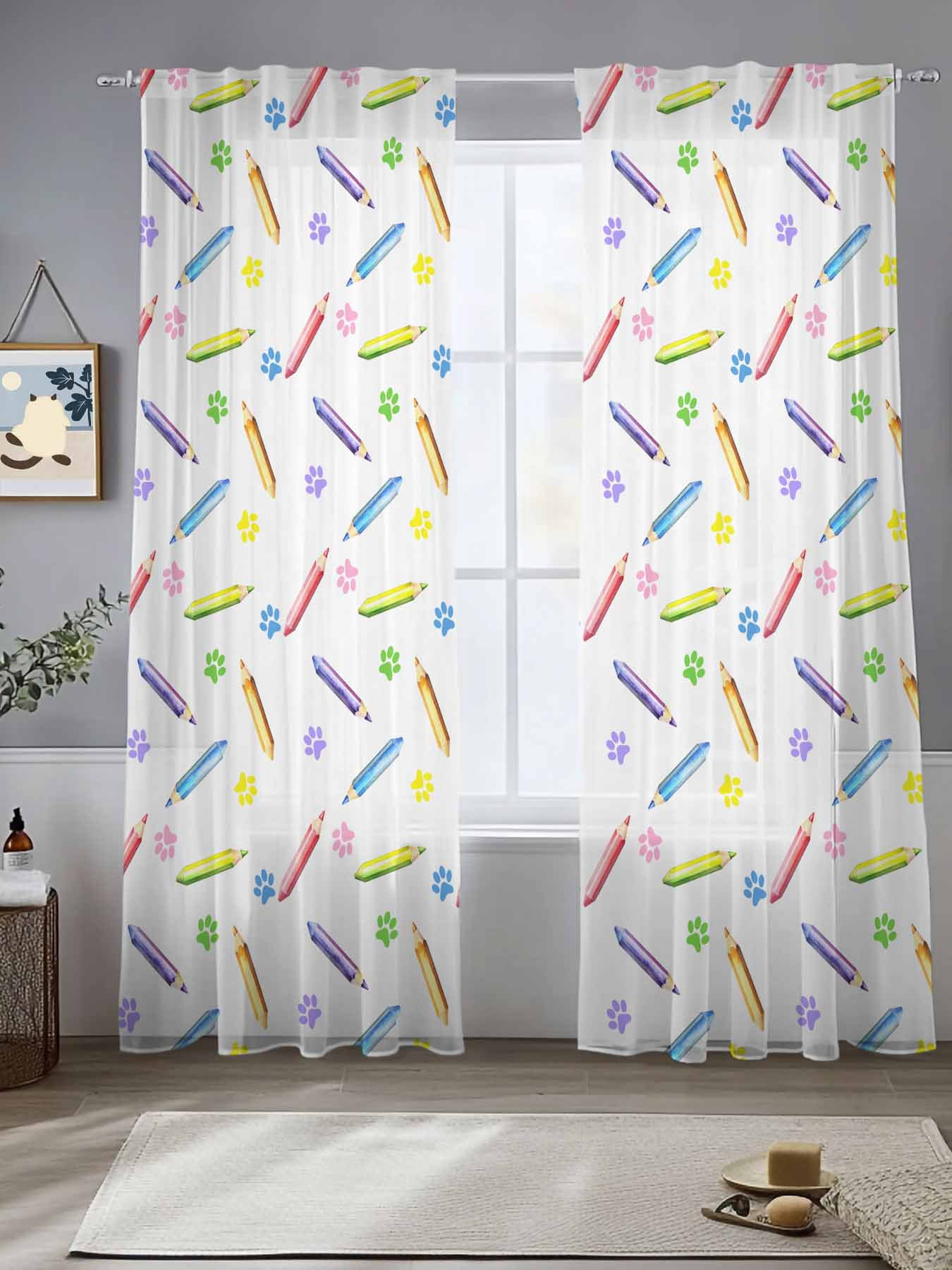 Cartoon Sheer Curtains for Living Room Bedroom Cute Colorful Pencil Paw ...