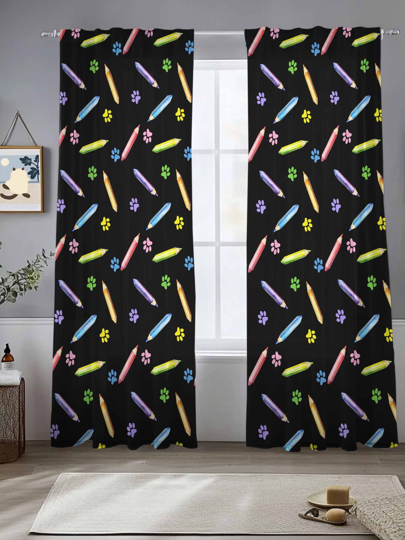 Cartoon Sheer Curtains for Living Room Bedroom Cute Colorful Pencil Paw ...