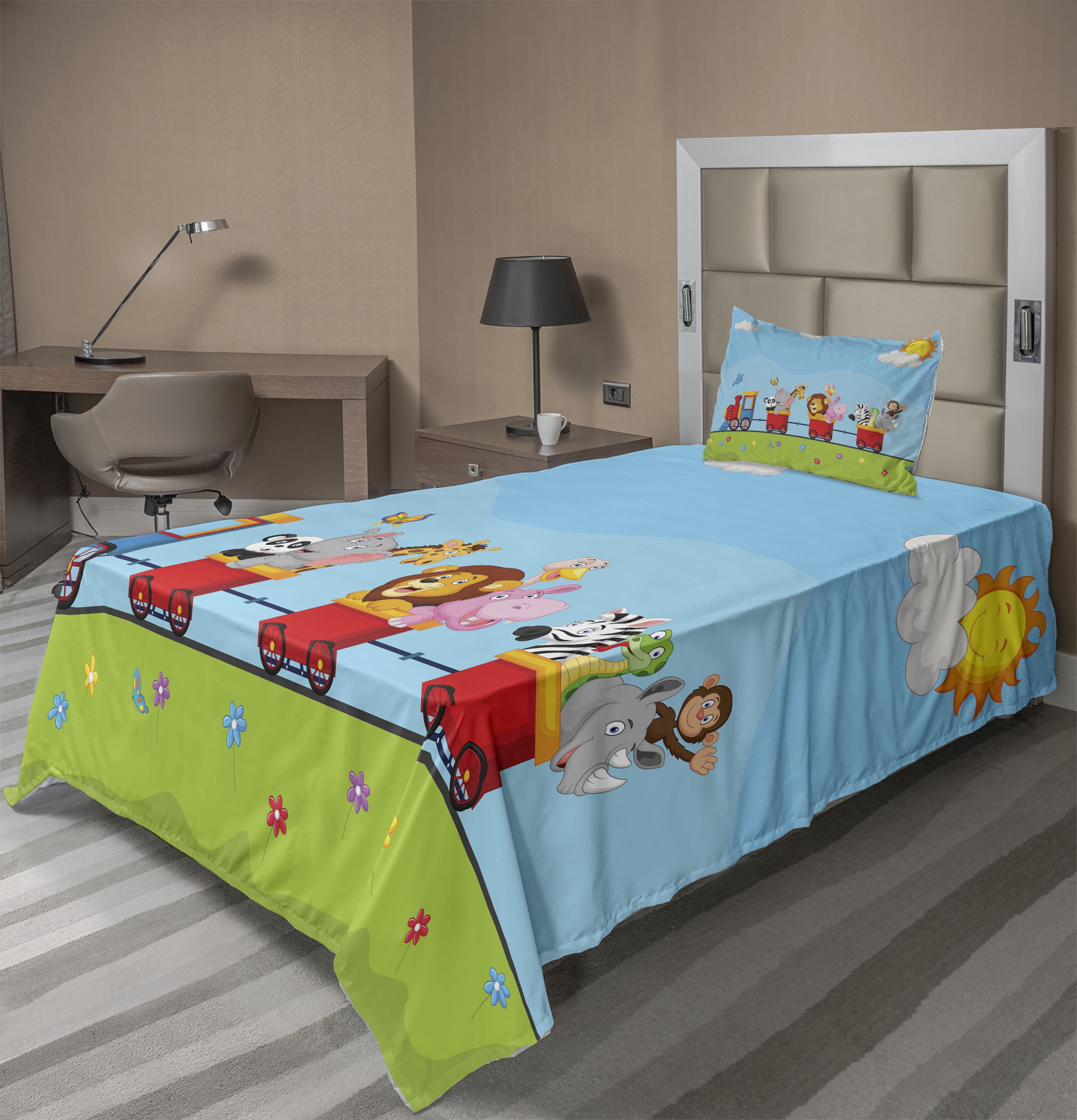 Ambesonne Colorful Fitted & Top Sheet Set with Sham, Cartoon Animal Sun ...