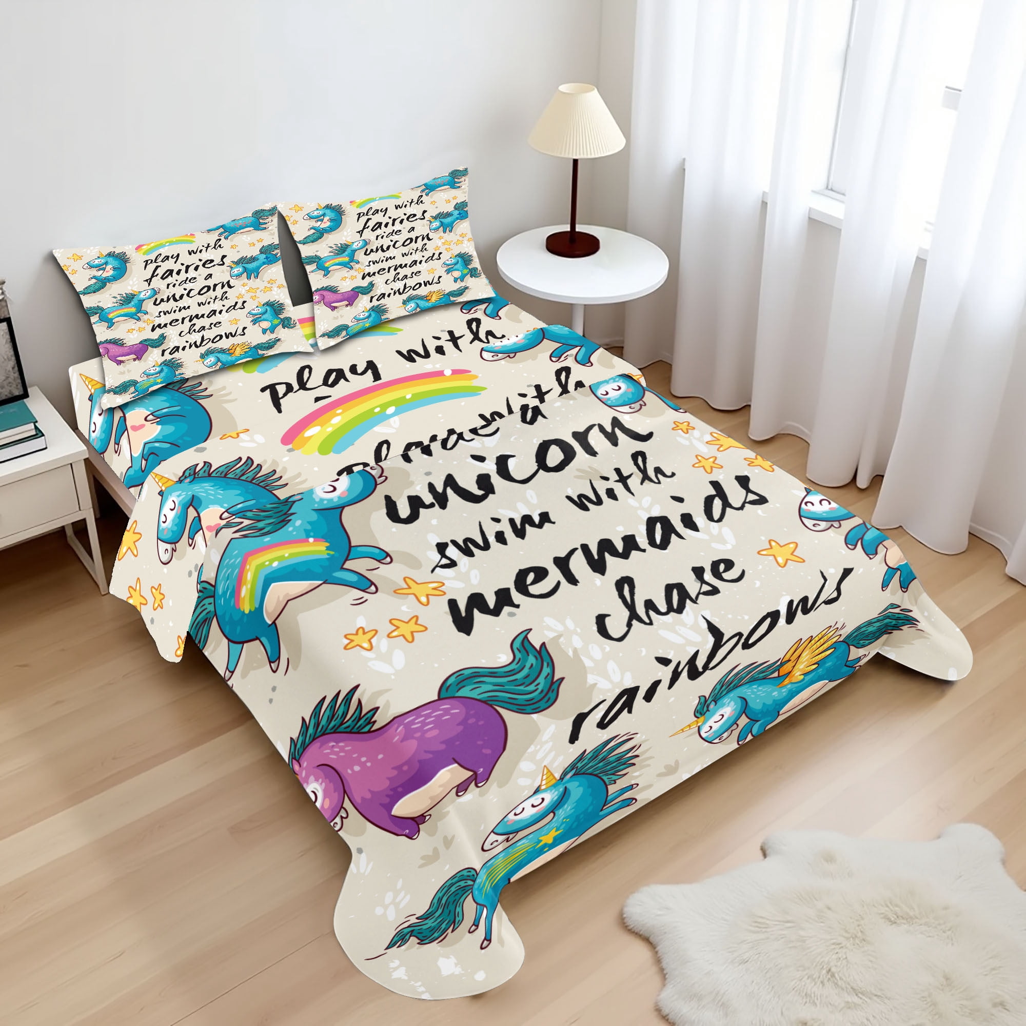 Cartoon Sheet Set, Mythical Unicorns Stars and Rainbow Creature Theme ...