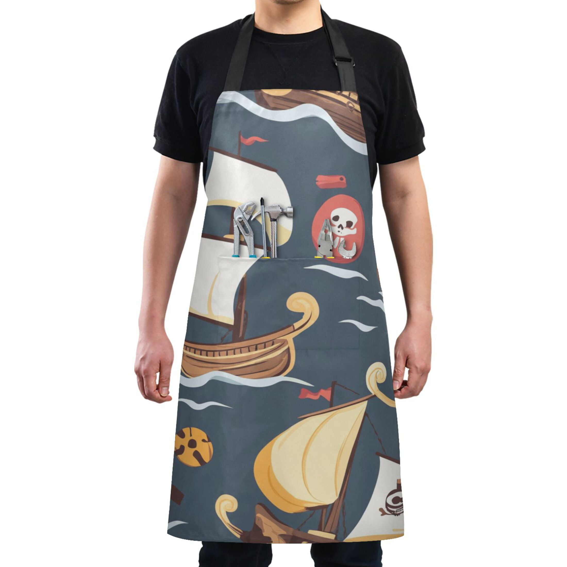 Cartoon Ship Chef Kitchen Apron with Pockets for Women Waterproof ...
