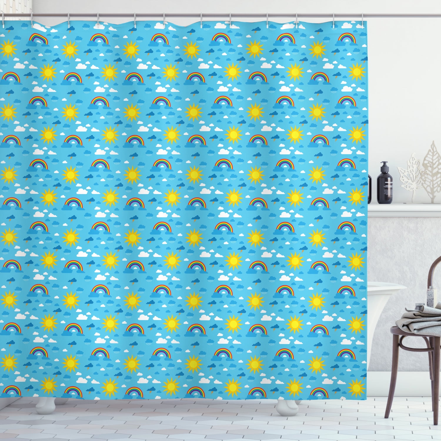 Cartoon Shower Curtain, Silhouettes of Celestial Bodies Sunny Day Sky ...