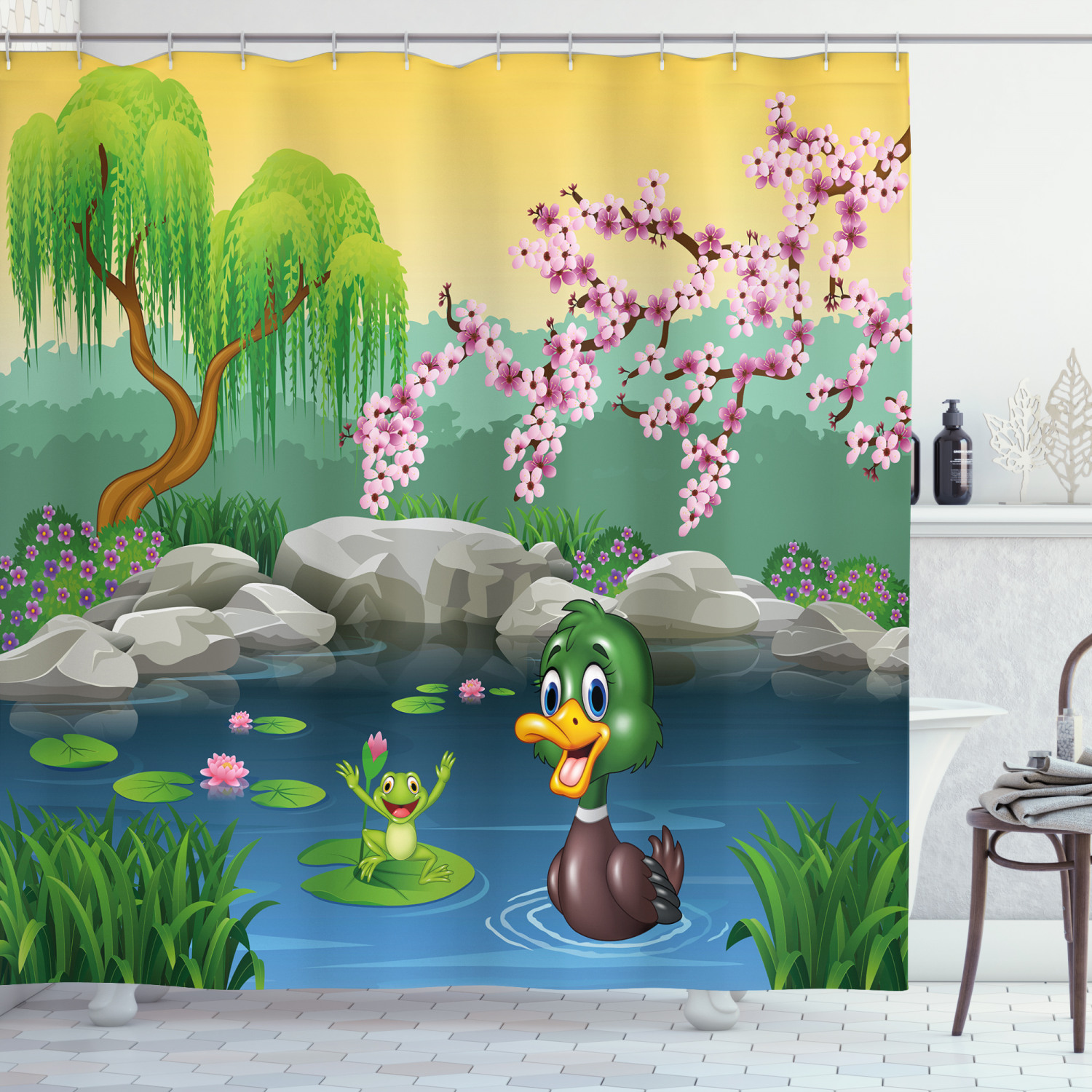 Cartoon Shower Curtain, Vector Cute Ducks Frogs in a Lake Pond Trees ...