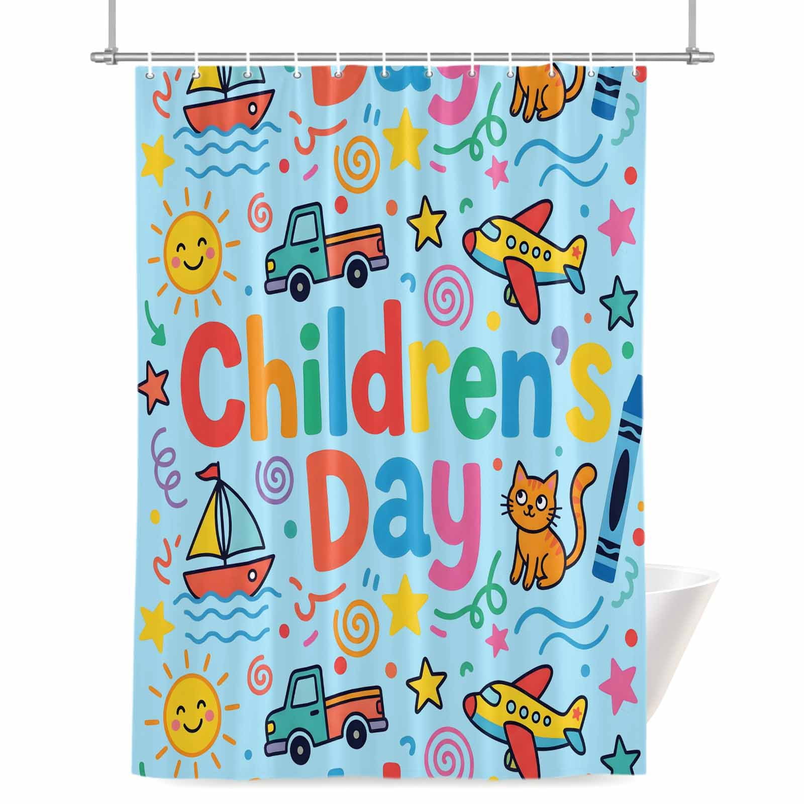 Cartoon Shower Curtain, Watercolor Truck Funny Sun Cat Colorful ...