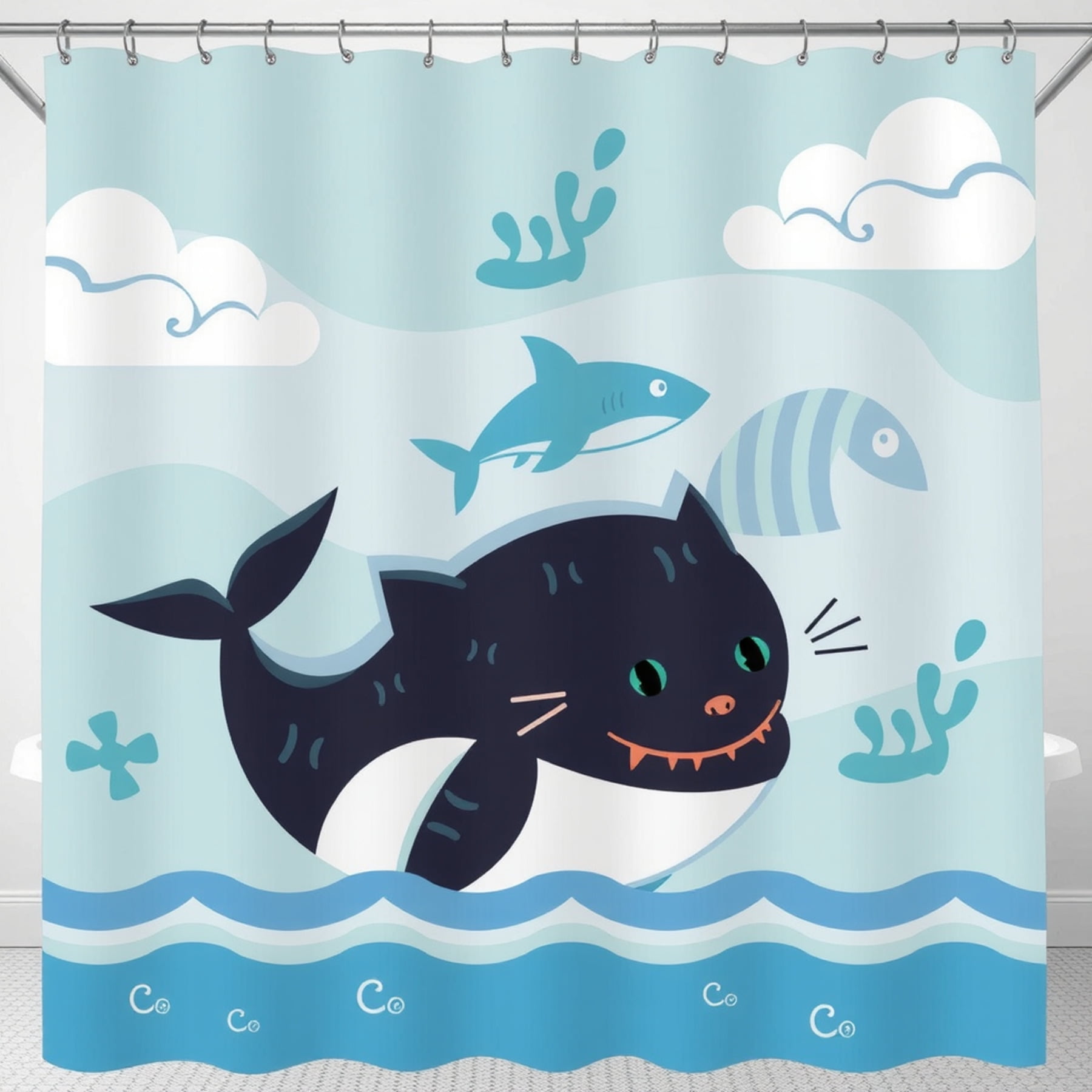 Cartoon Shower Curtain - with Cat Face, Ocean Theme, Blue & White Sea ...