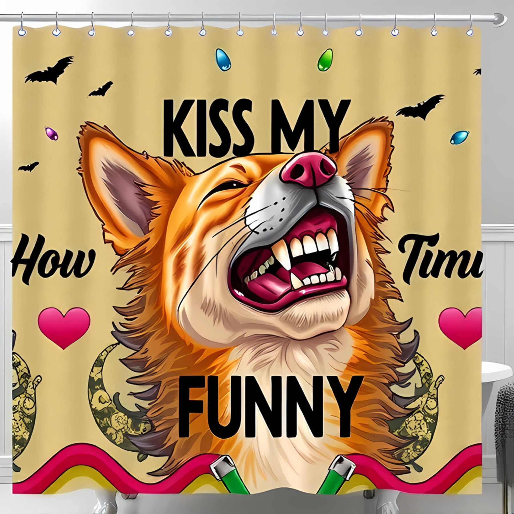 Cartoon Shower Curtain with Whimsical Bats & Lizards - Fun Playful ...