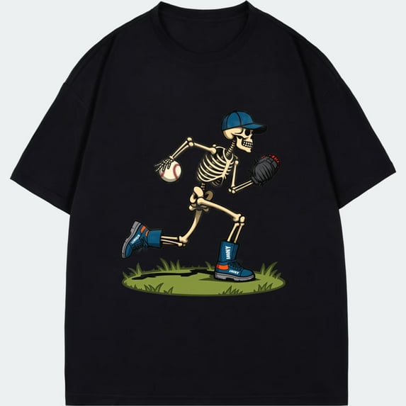 Cartoon Skeleton Baseball Player T-Shirt Black Skeleton Throwing ...