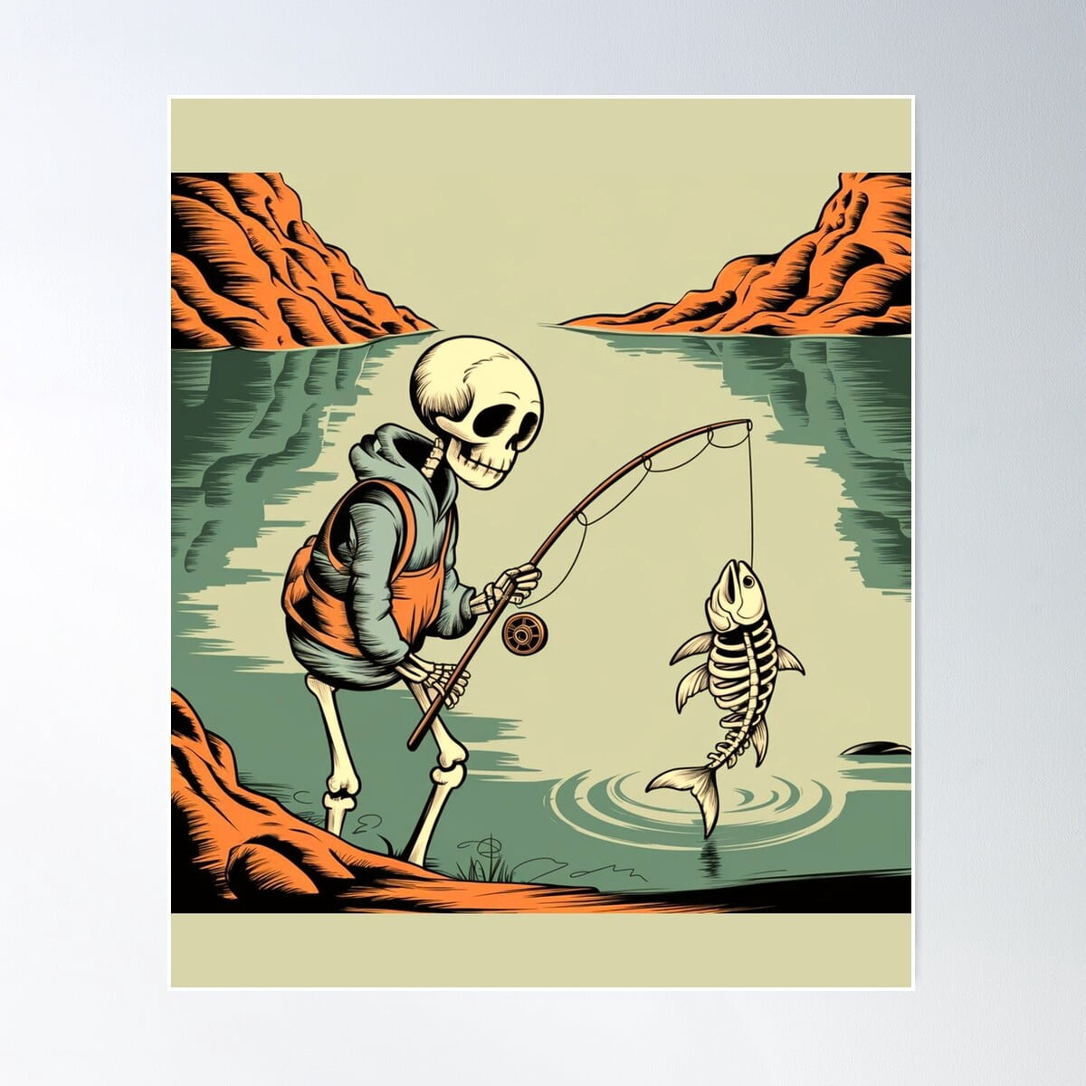Cartoon Skeleton Fisherman Design Poster Wall Art, Modern Wall Decor ...