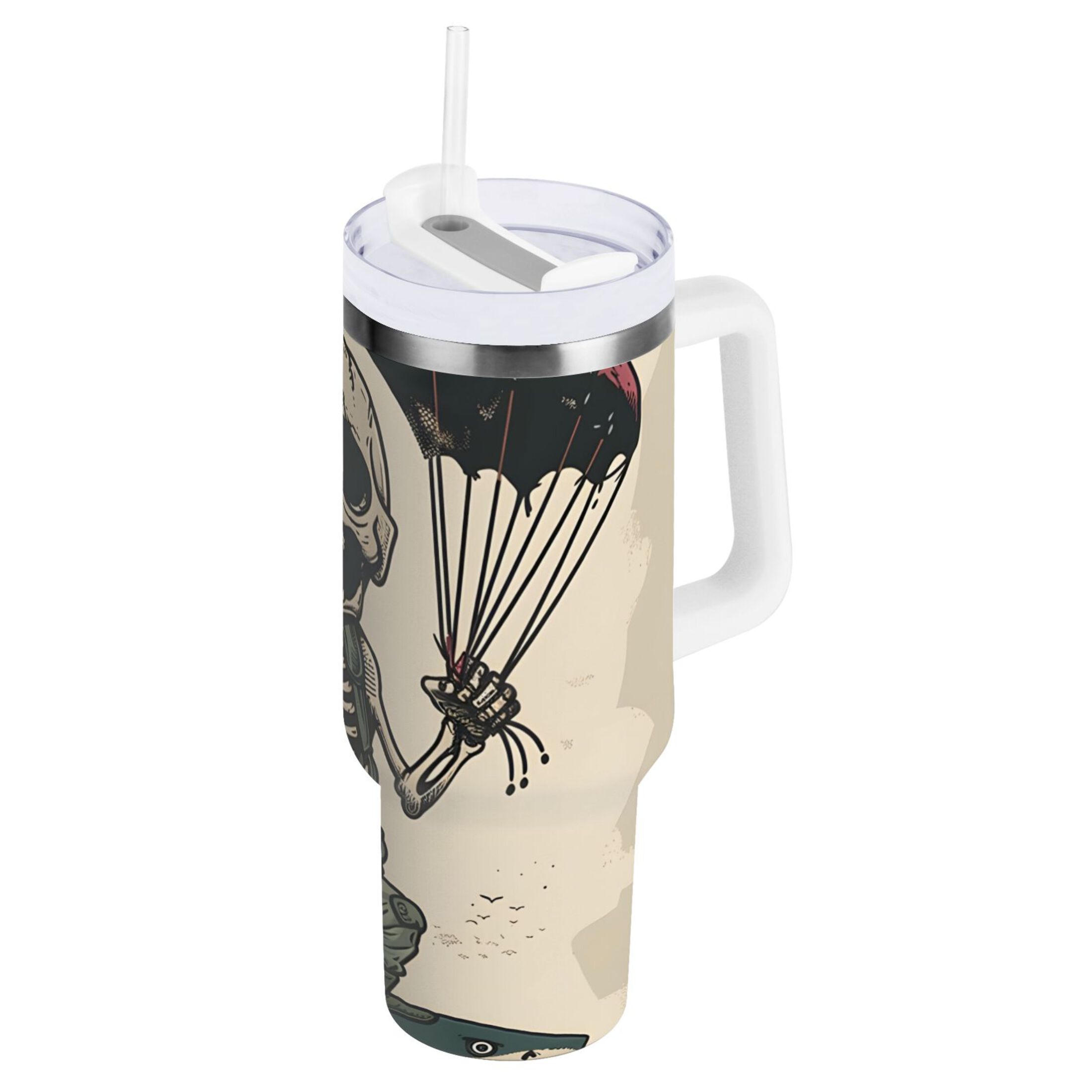 Cartoon Skeleton Paratrooper Stepping on Sharks 30 oz Tumbler with ...