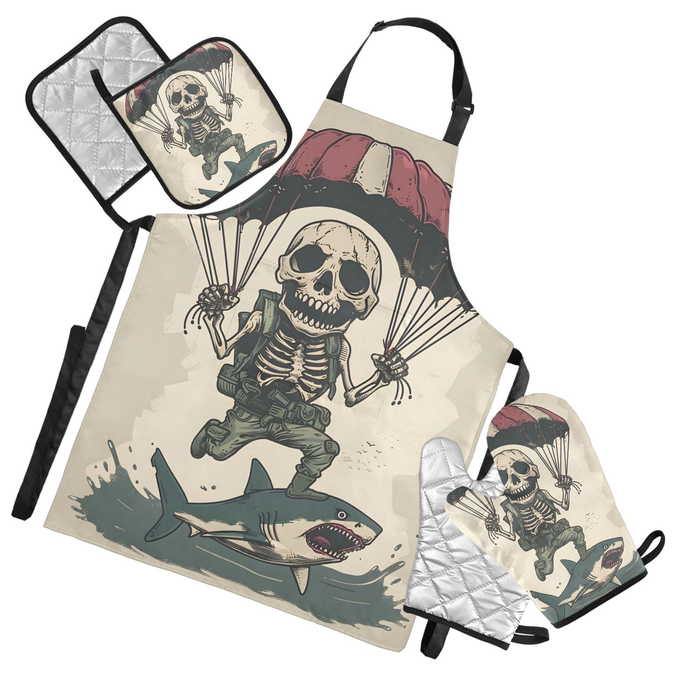Cartoon Skeleton Paratrooper Stepping on Sharks 5 Pcs Kitchen Set Heat ...