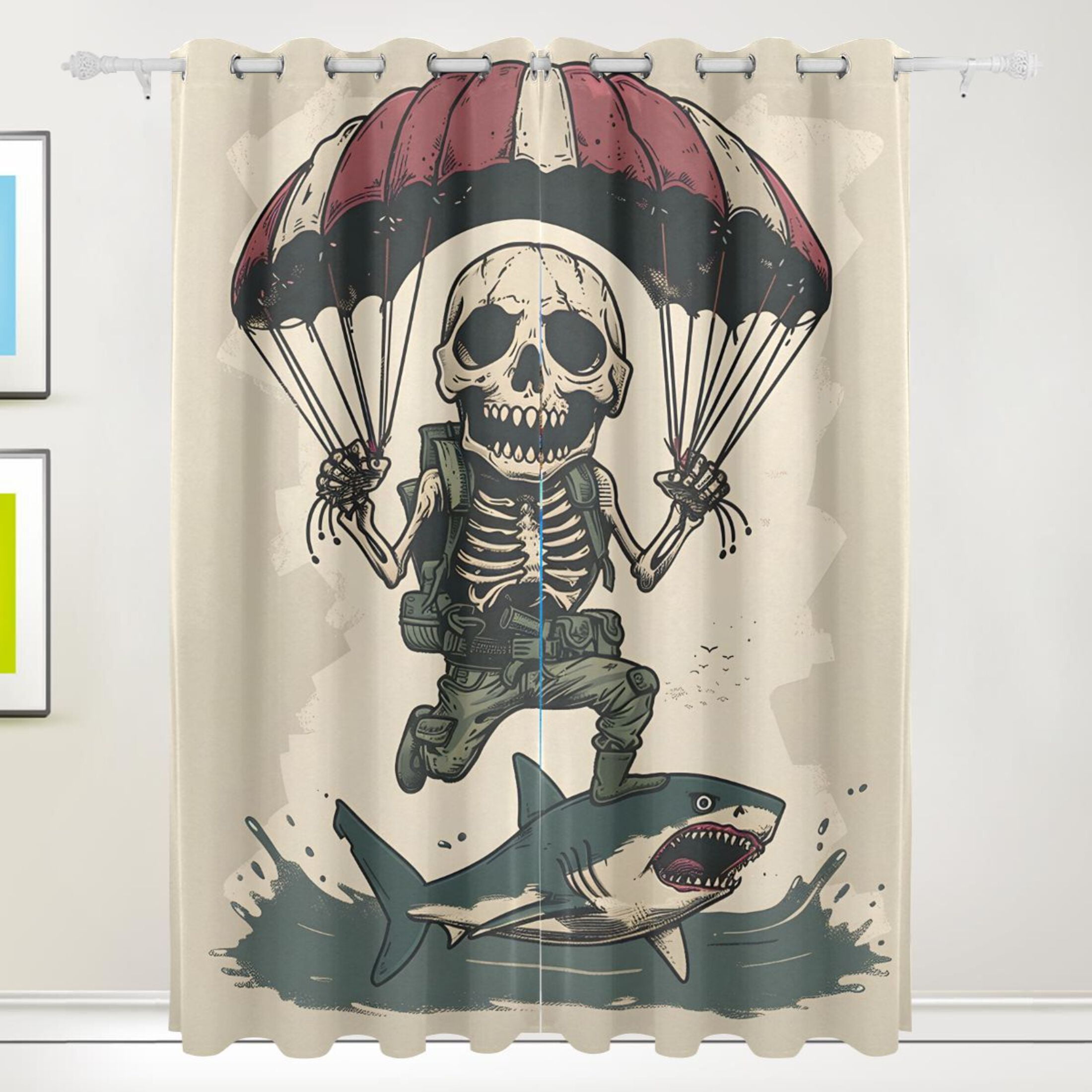 Cartoon Skeleton Paratrooper Stepping on Sharks Blackout Curtains 2 ...