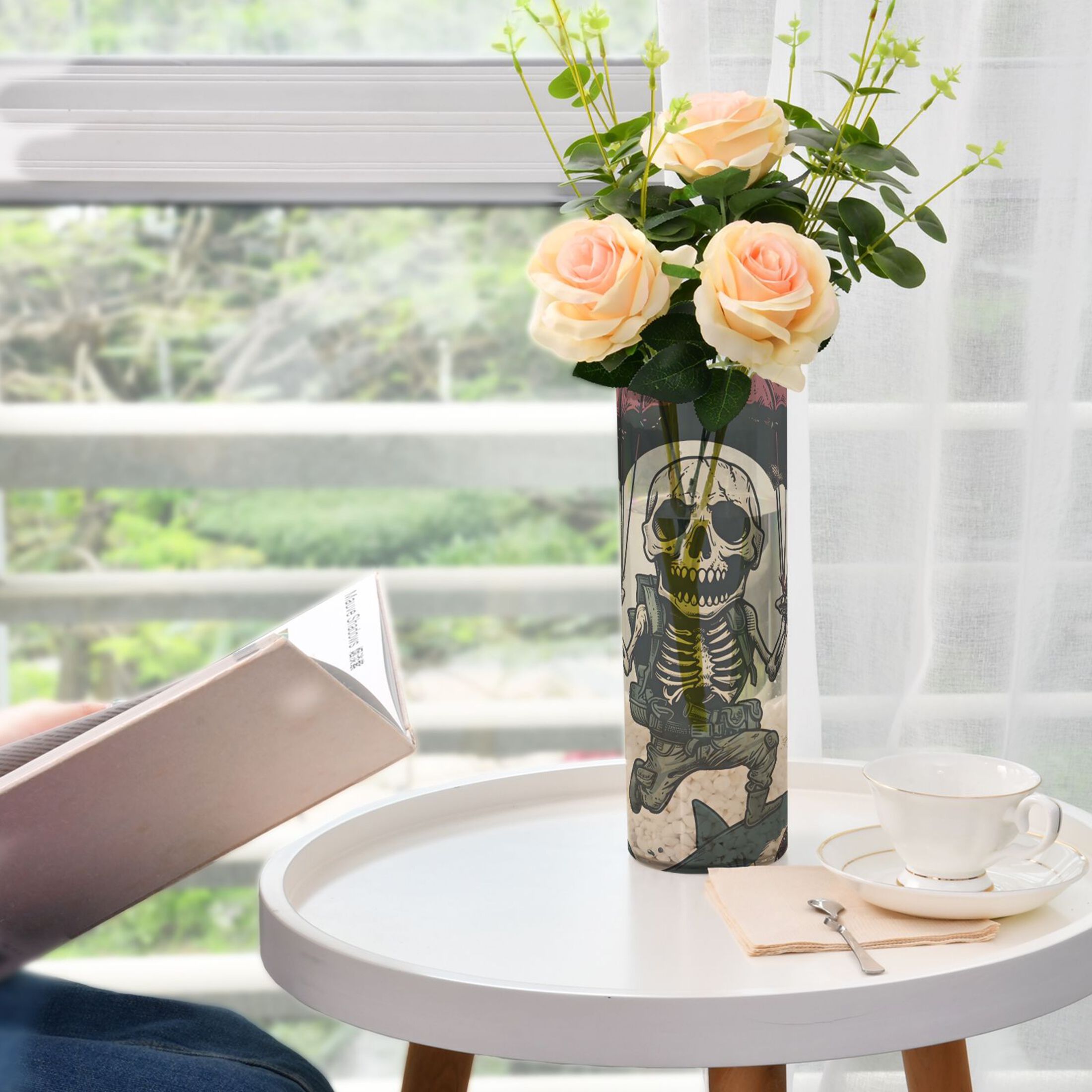 Cartoon Skeleton Paratrooper Stepping on Sharks Flower Vase 11.8x3.9 ...
