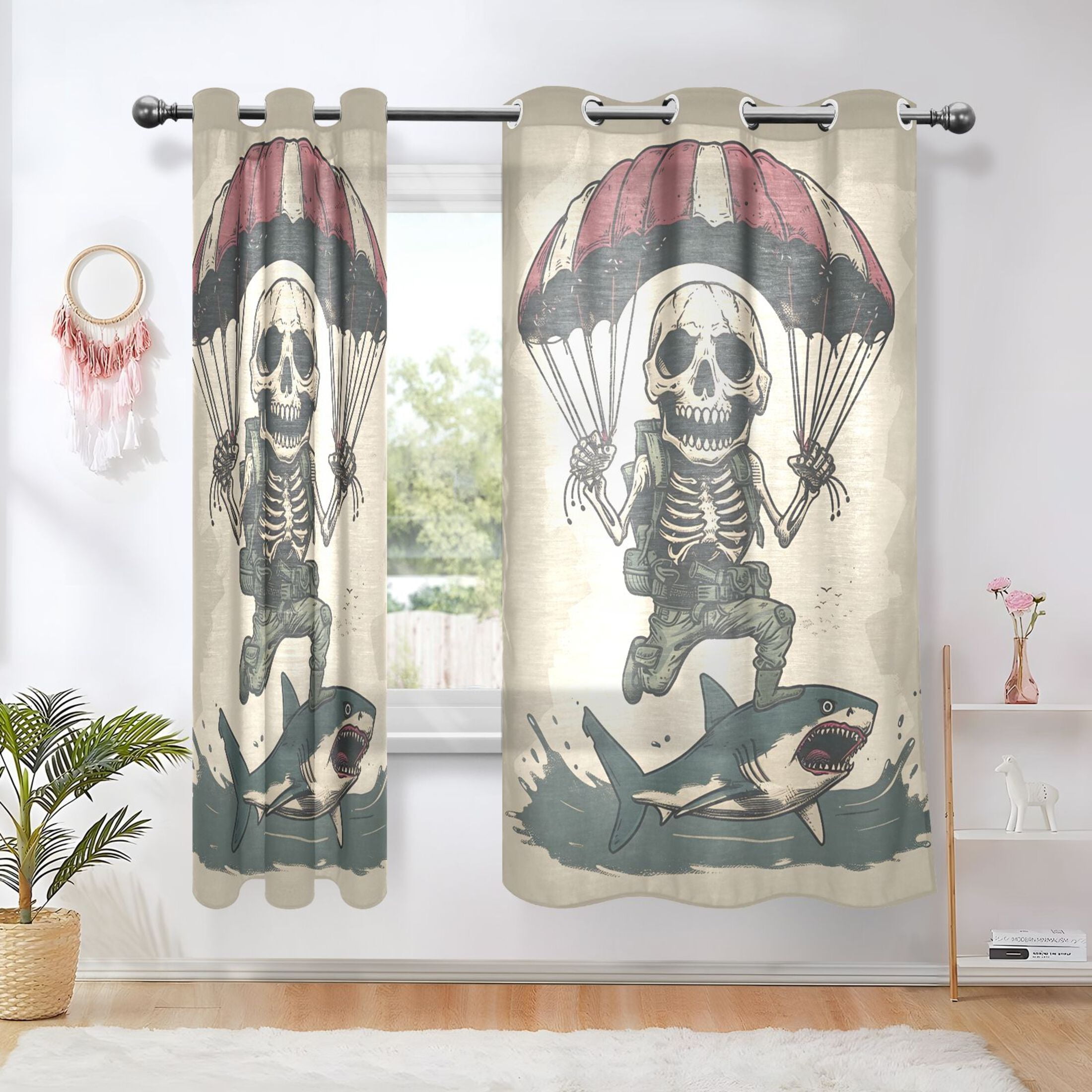 Cartoon Skeleton Paratrooper Stepping on Sharks Sheer Curtains 2 Panels ...