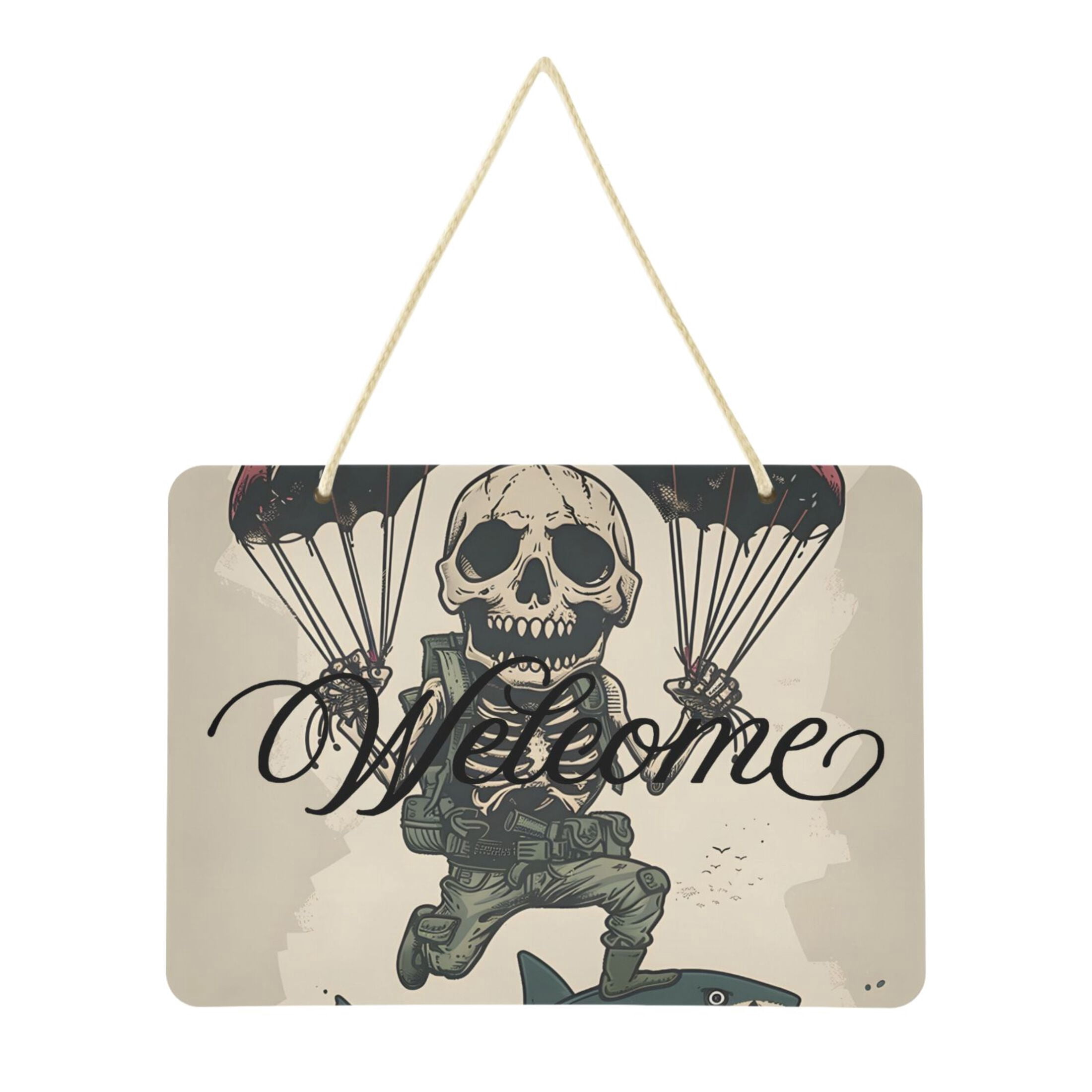 Cartoon Skeleton Paratrooper Stepping on Sharks Welcome Sign Front Door ...
