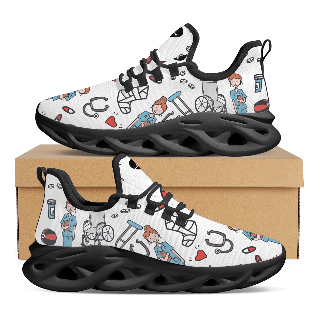 Cartoon Sketch Medical Nurse Print Flat Shoes Ladies Casual Lace Up ...