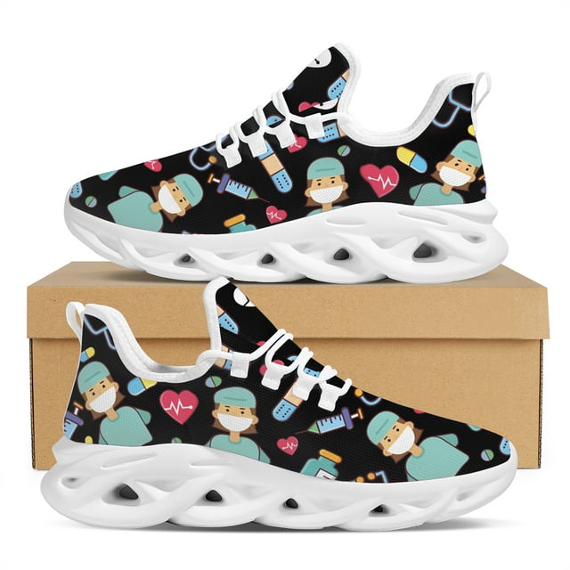 Cartoon Sketch Medical Nurse Print Flat Shoes Ladies Casual Lace Up ...