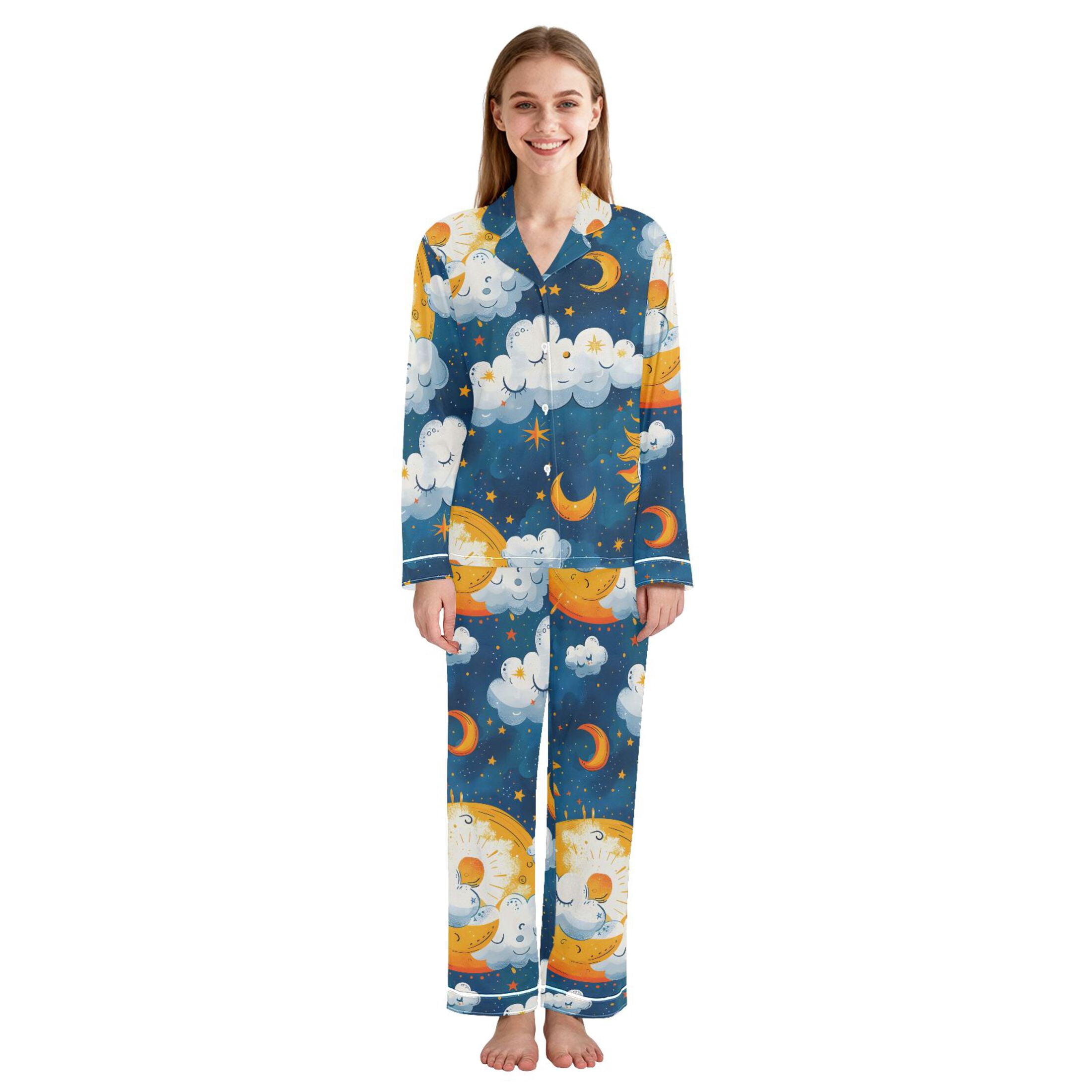 Cartoon Sky Pattern Women Pajama Set Soft Notch Collar Button Down Long ...