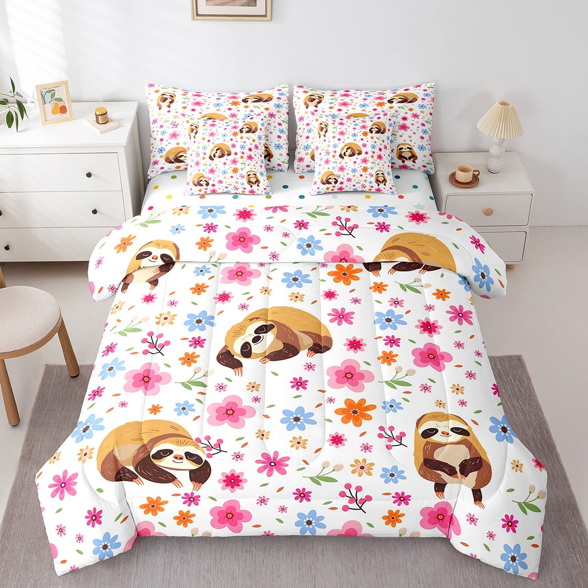 Cartoon Sloth Bedding Comforter Sets 7pcs Chic Floral King Bedding Sets ...