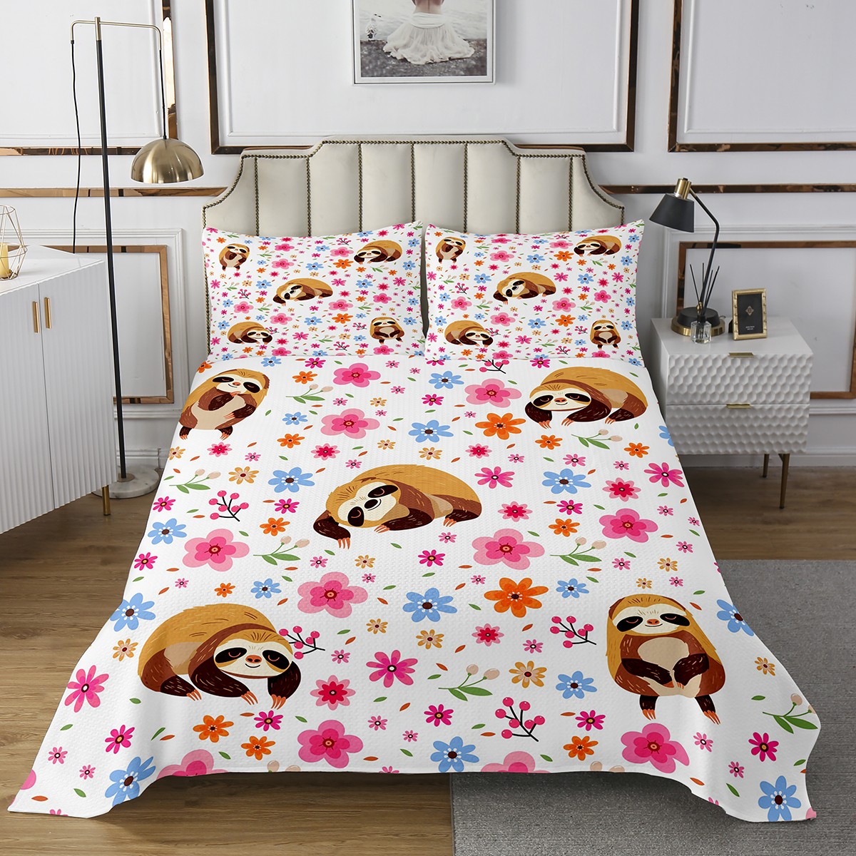 Cartoon Sloth Coverlet King Size Chic Floral Bedding Set, Kawaii Animal ...