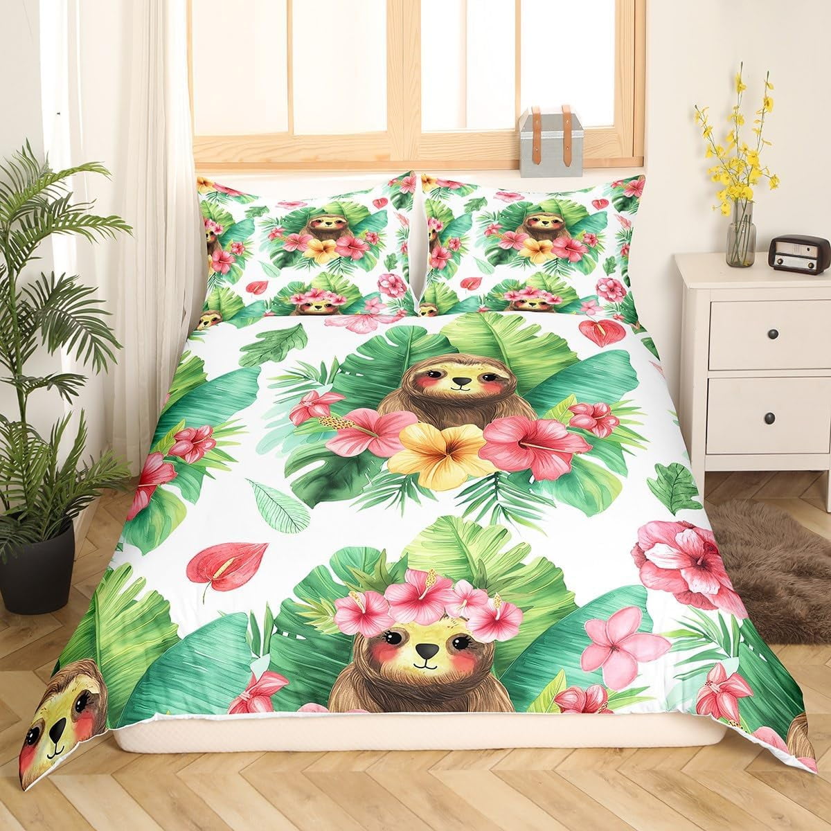 Cartoon Sloth Duvet Cover Kawaii Sloth Comforter Cover Palm Leaf Cherry ...