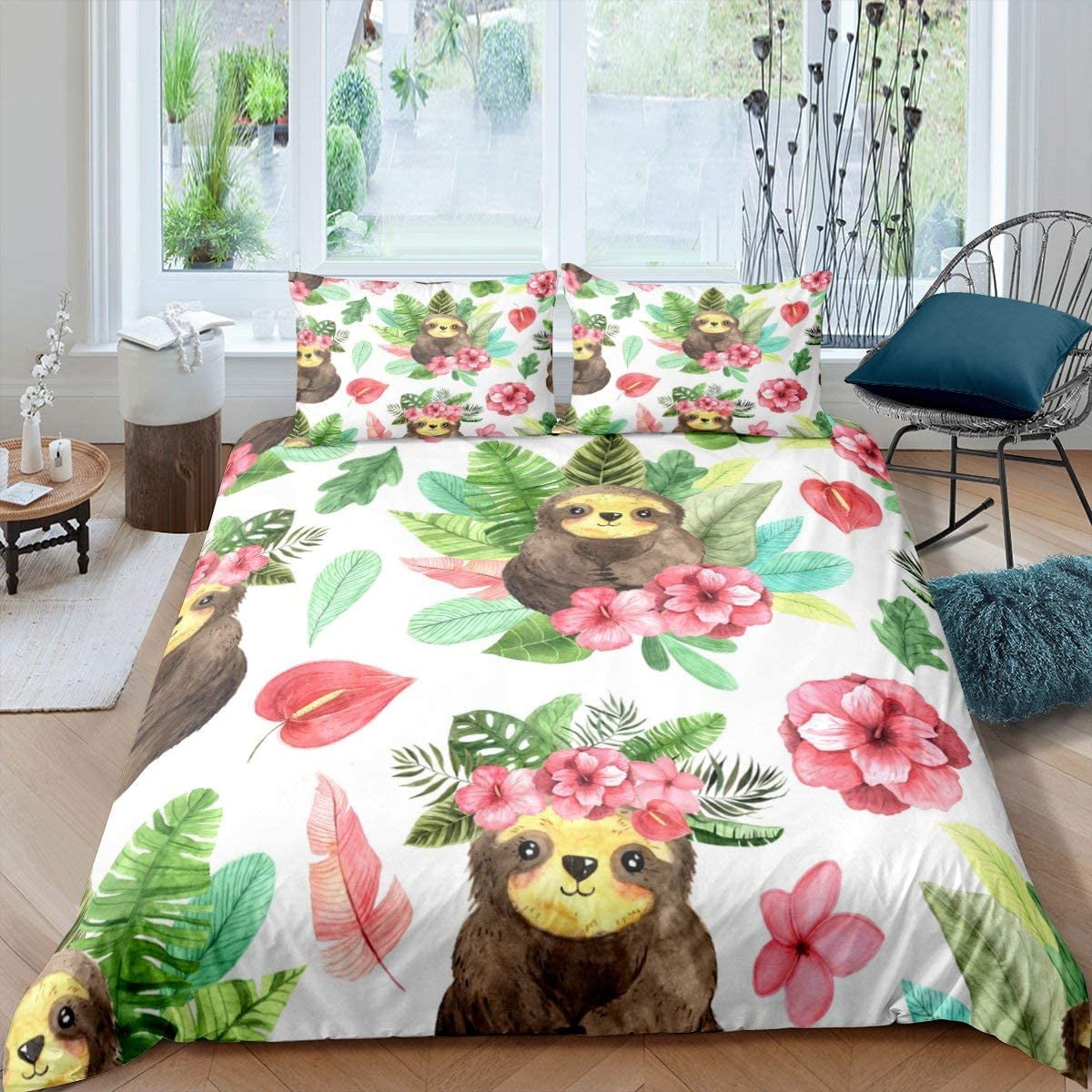 Cartoon Sloth Duvet Cover Kawaii Sloth Comforter Cover Palm Leaf Cherry ...