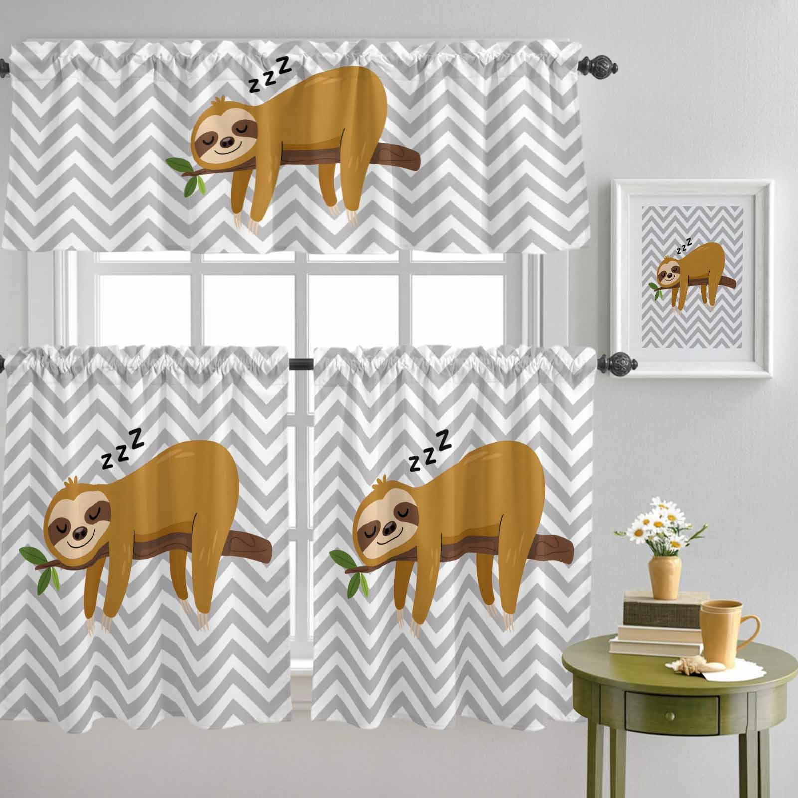 Cartoon Sloth Tree Branch Curtain Tier and Valance Set 3 Piece, Gray ...