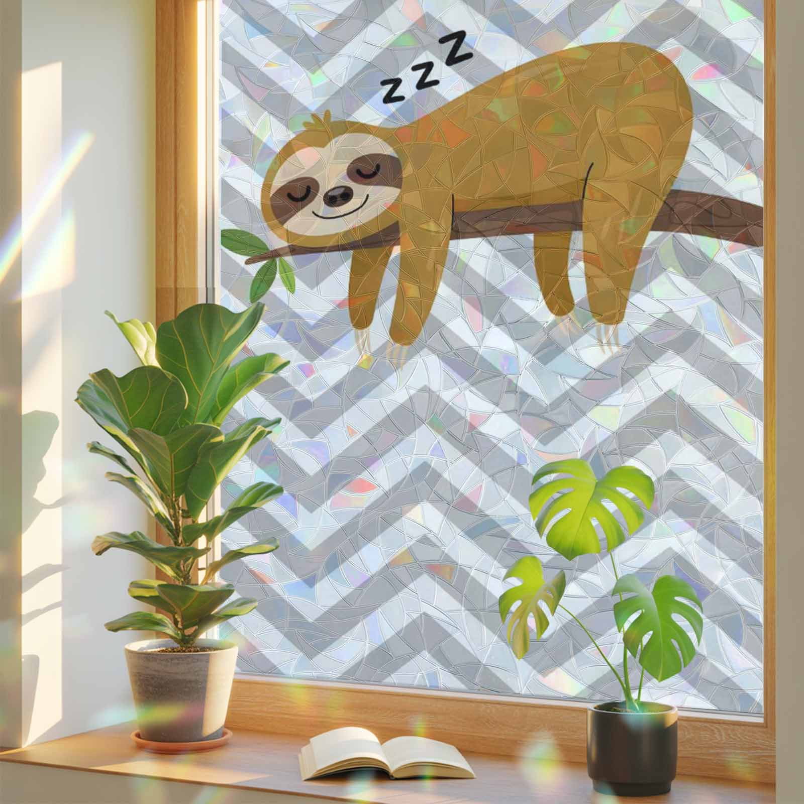Cartoon Sloth Tree Branch Window Privacy Film, Rainbow Film Decorative ...