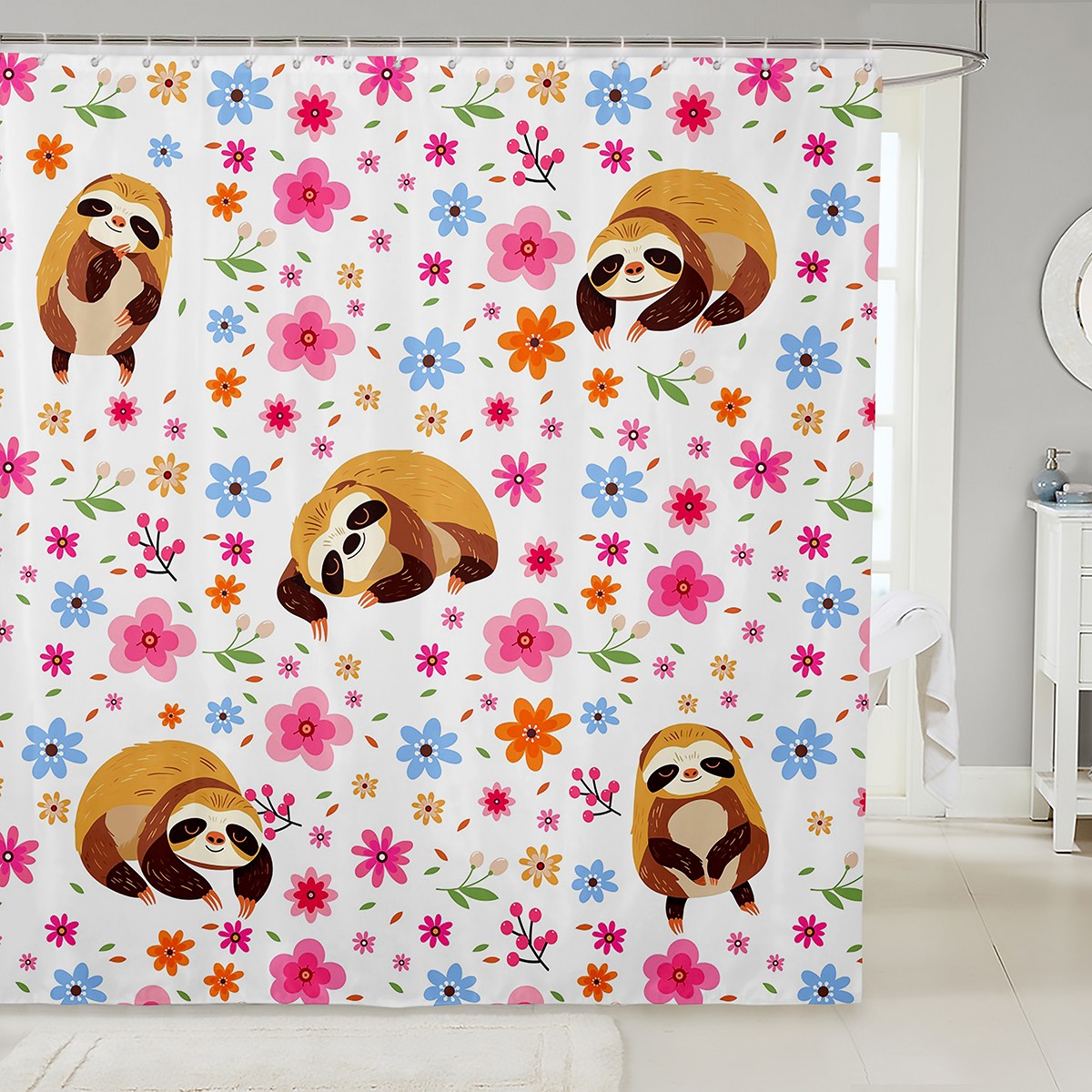 Cartoon Sloth Waterproof Bathroom Curtain Chic Floral Bath Curtain ...